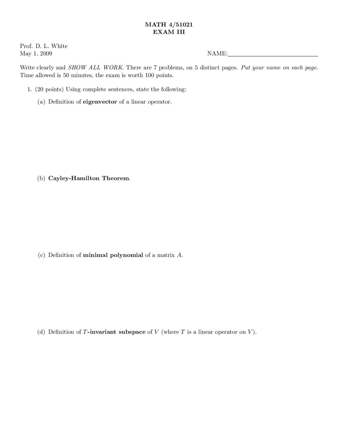 Linear Algebra Exam 3 4 Definitions And 7 Problems Math 41021 Docsity