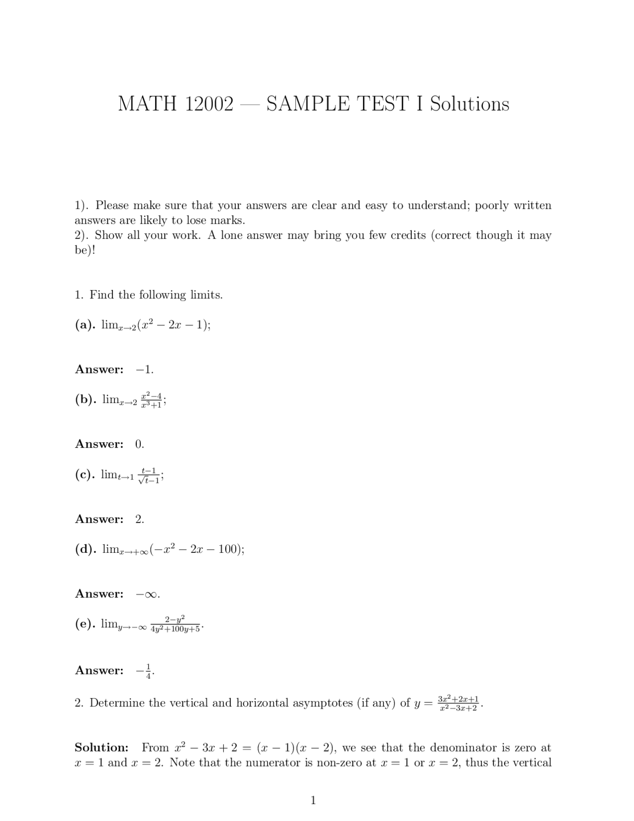 Solutions To Limits And Fonctions Sample Test 1 6 Questions Math