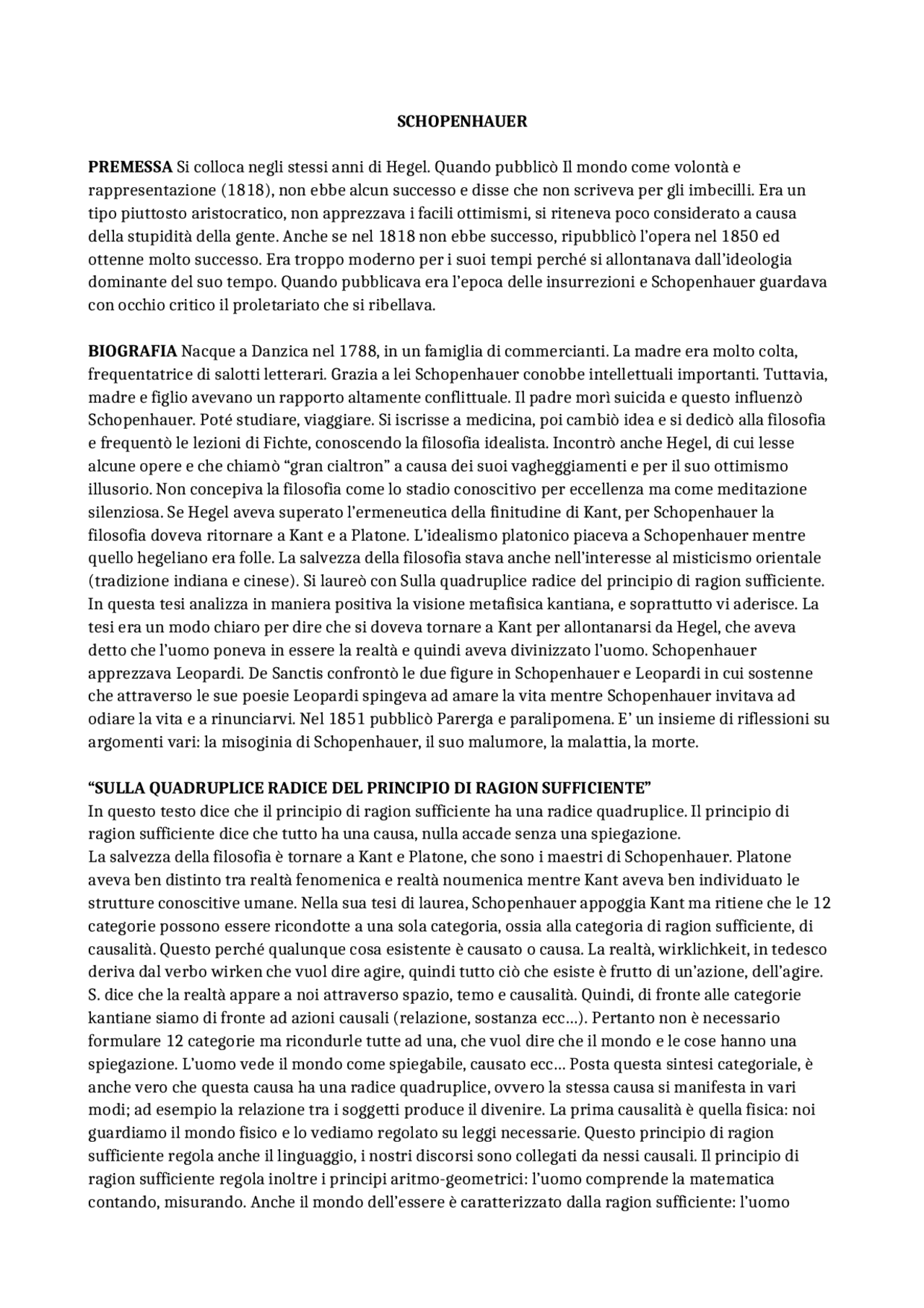 Schopenhauer Riassunto Appunti Di Filosofia Docsity