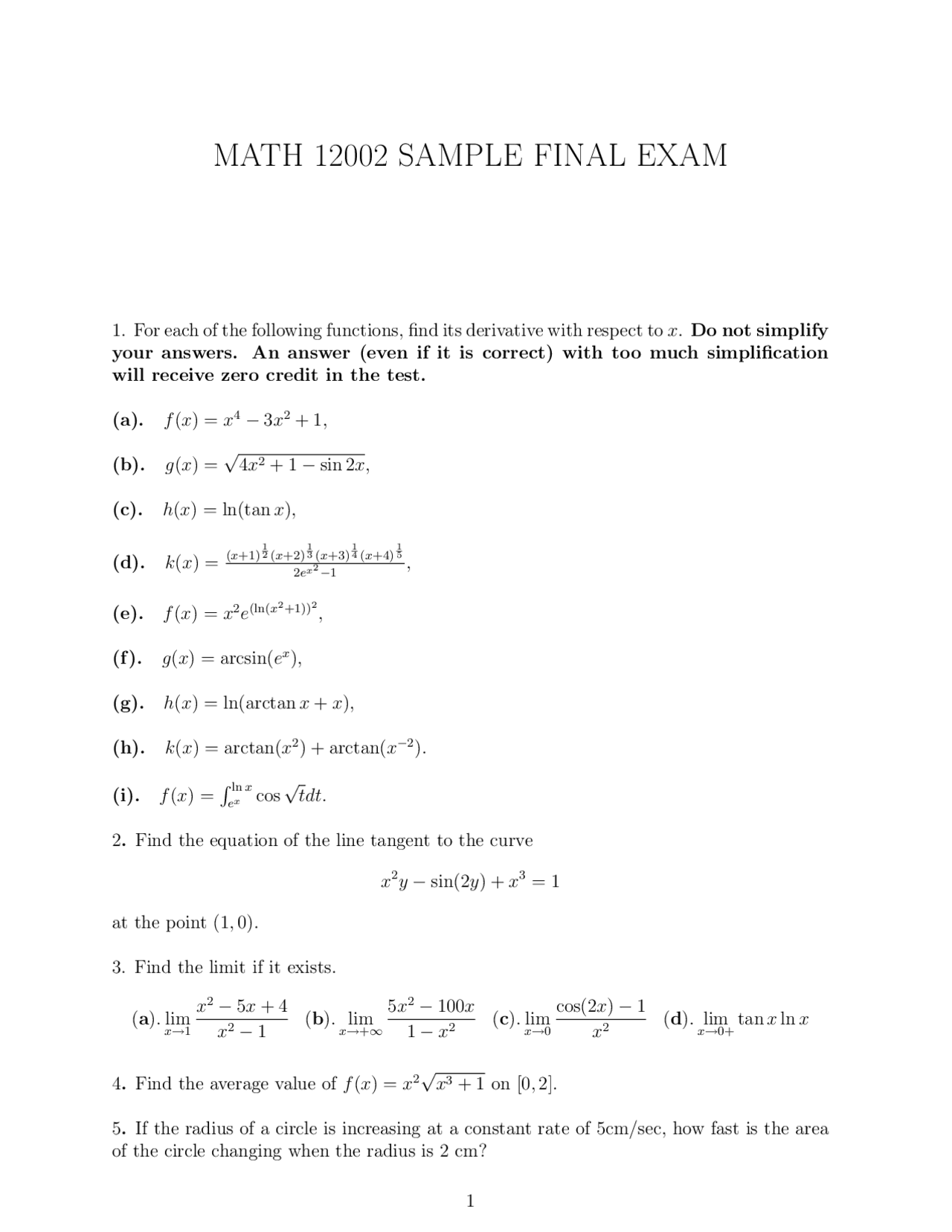 Limits Derivatives Integrals Sample Final Exam 10 Questions Math