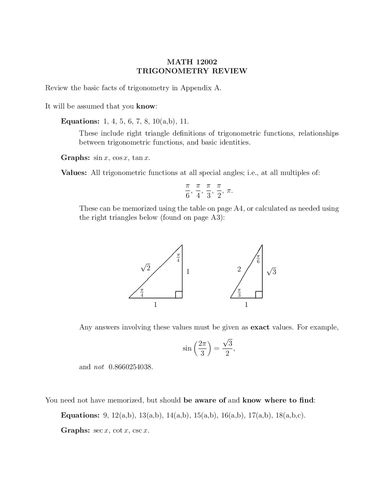 Trigonometry Review Sheet Basic Facts Math 12002 Docsity