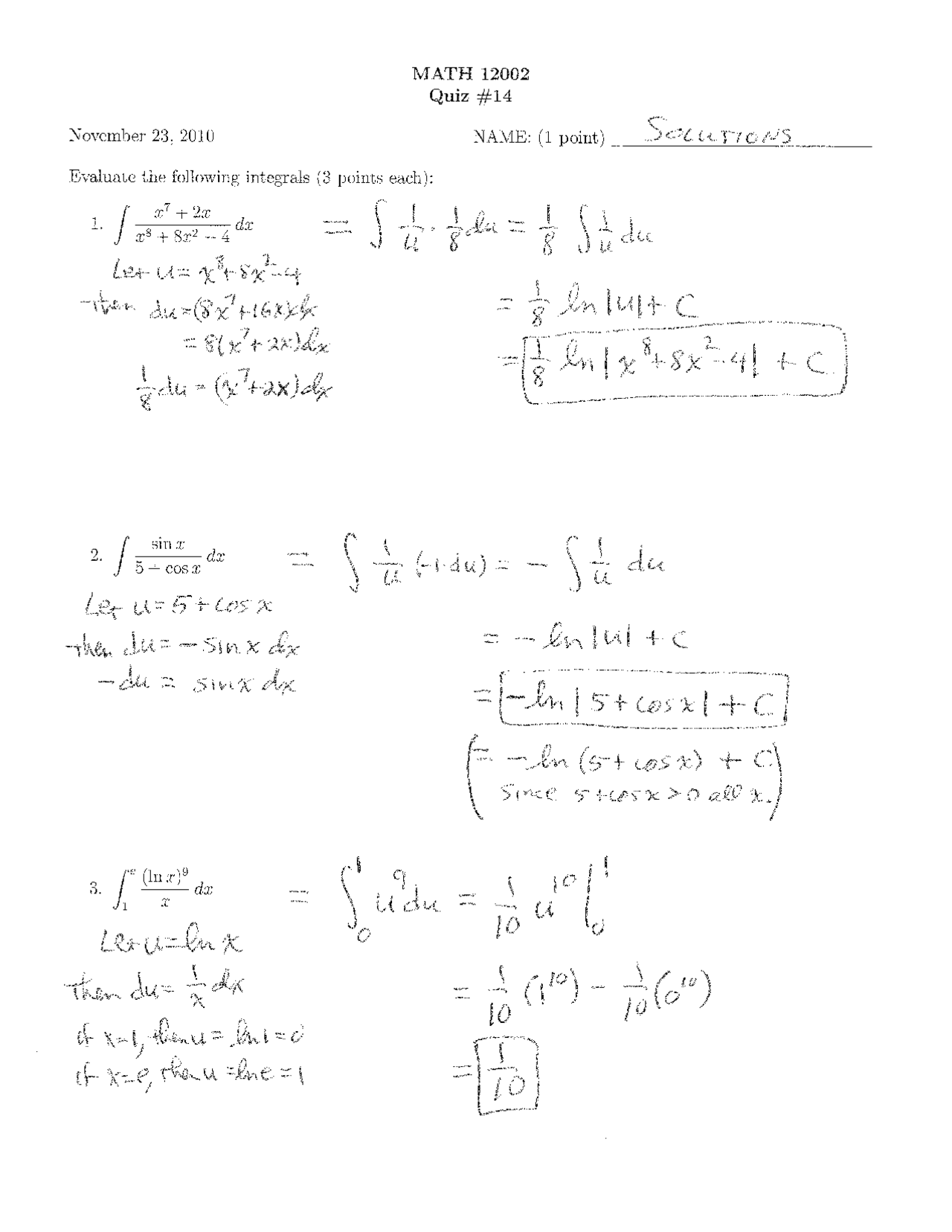 Solutions To Quiz 14 On Integrals Three Practice Questions Math