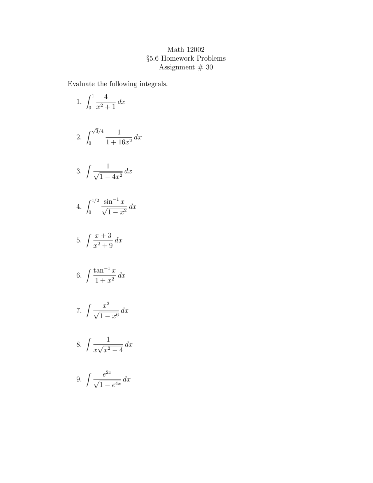 Integrals Homework Problems To Solve Math 12002 Docsity