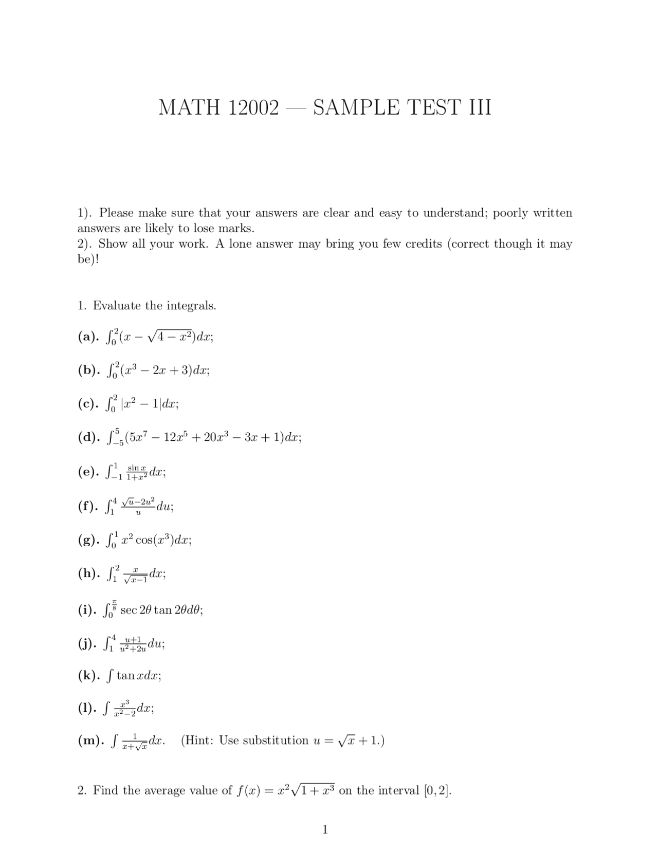 Integrals And Derivatives Sample Test 3 Three Questions To Solve