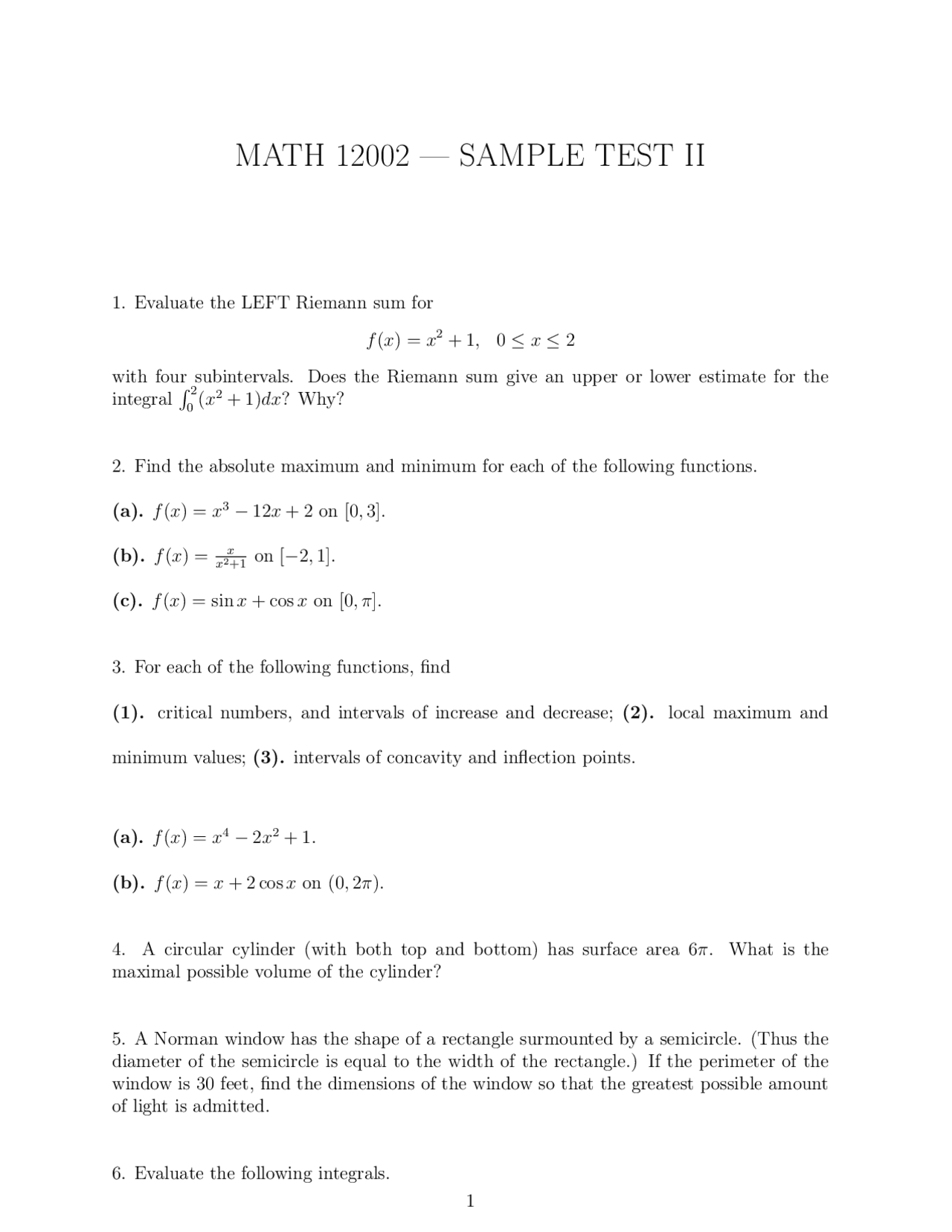 Fonctions And Integrals Sample Test 2 7 Questions To Solve Math