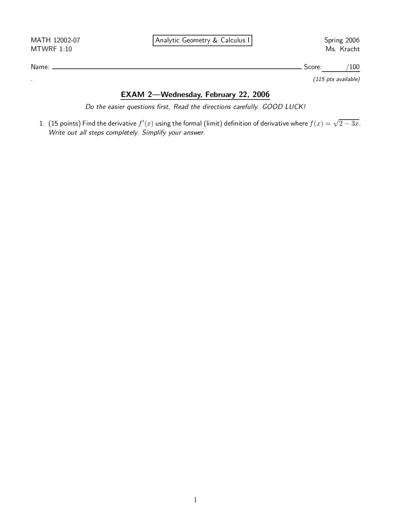 Analytic Geometry & Calculus I Exam 2: 11 Questions to Solve | MATH ...