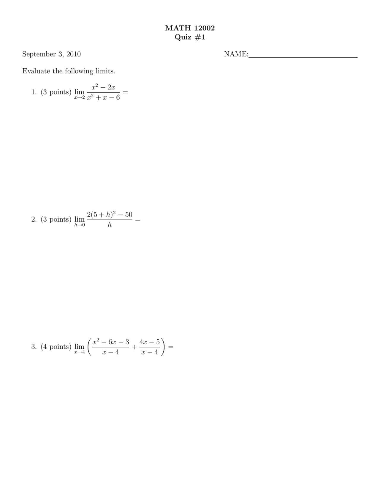 Limits Quiz 1 Three Exercises To Solve Math 12002 Docsity