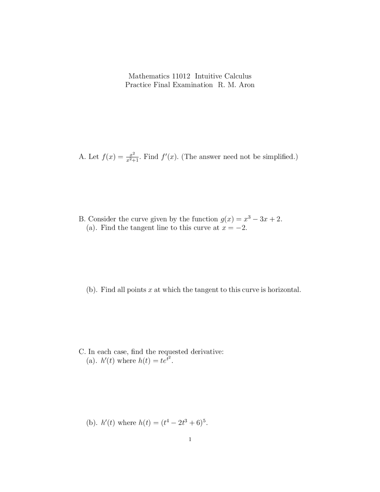 Intuitive Calculus Practice Final Examination | MATH 11012 - Docsity