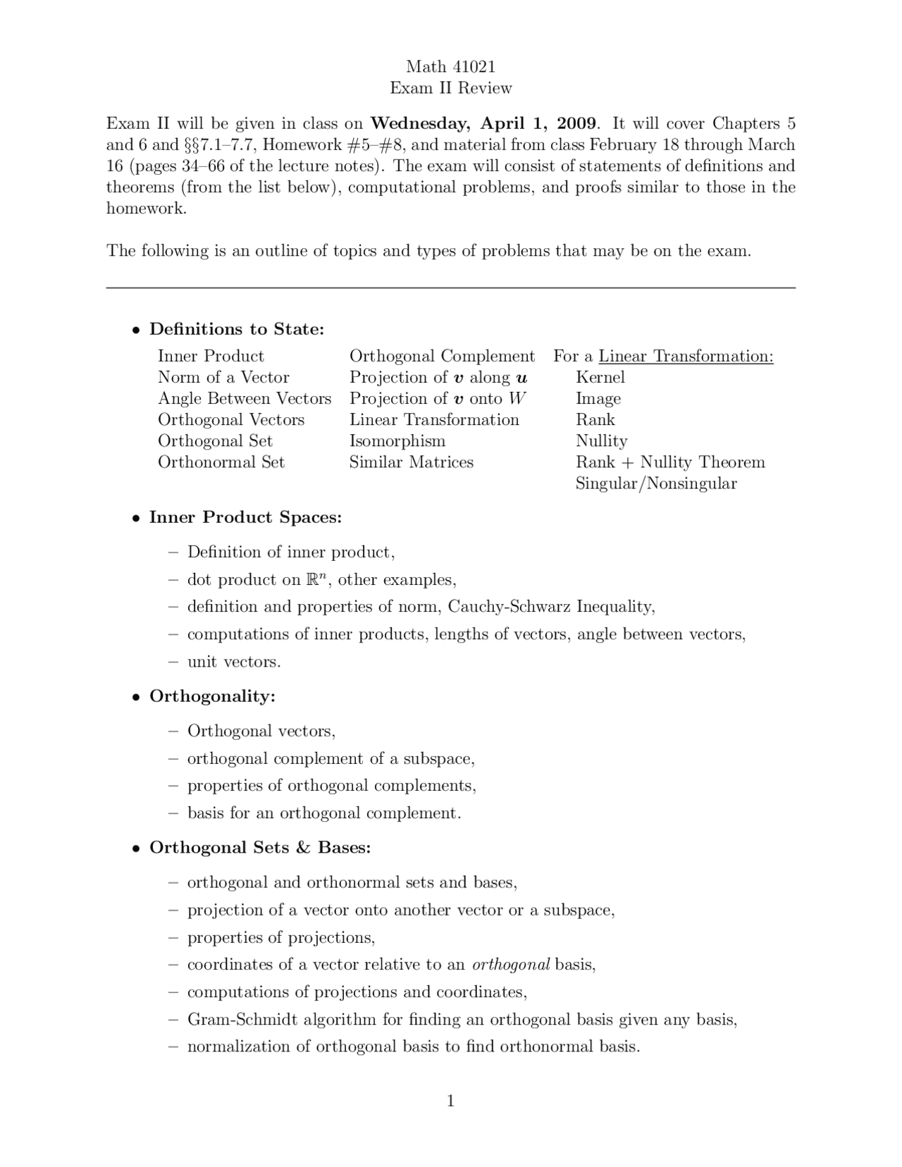 Math 41021 Exam II Review: Topics and Preparation for Chapter 5, 6, and ...