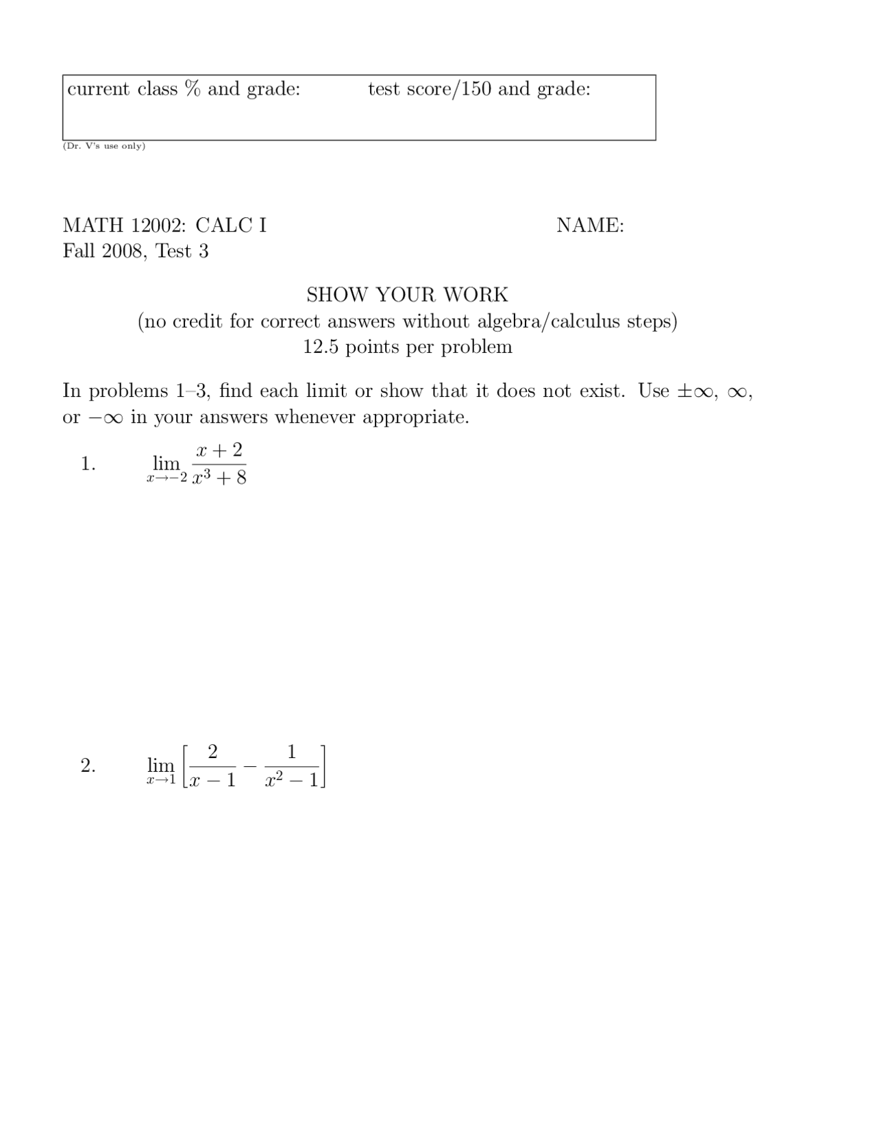 Limits And Fonctions Test 3 12 Problems To Solve Math 12002 Docsity