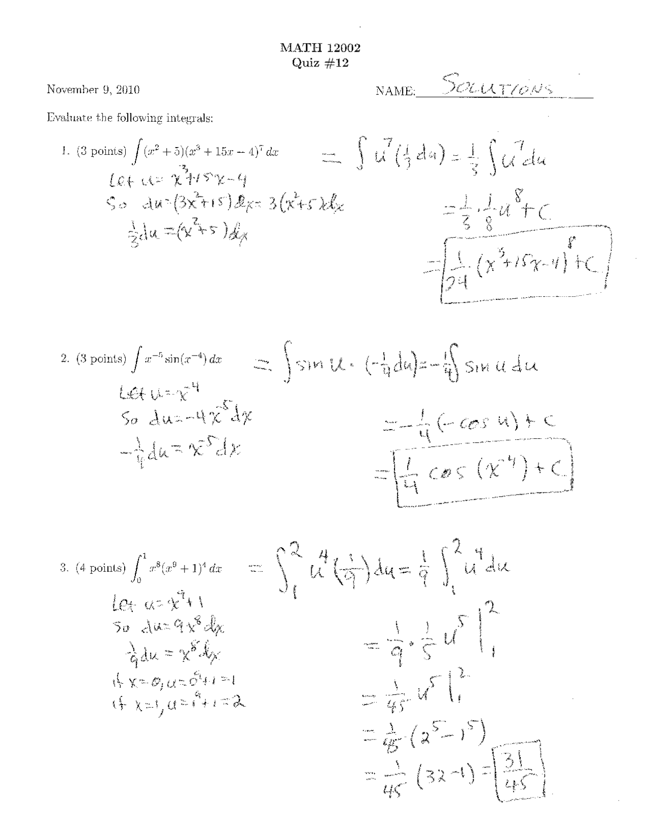 Solutions To Integrals Quiz 12 Worksheet With Three Questions Math