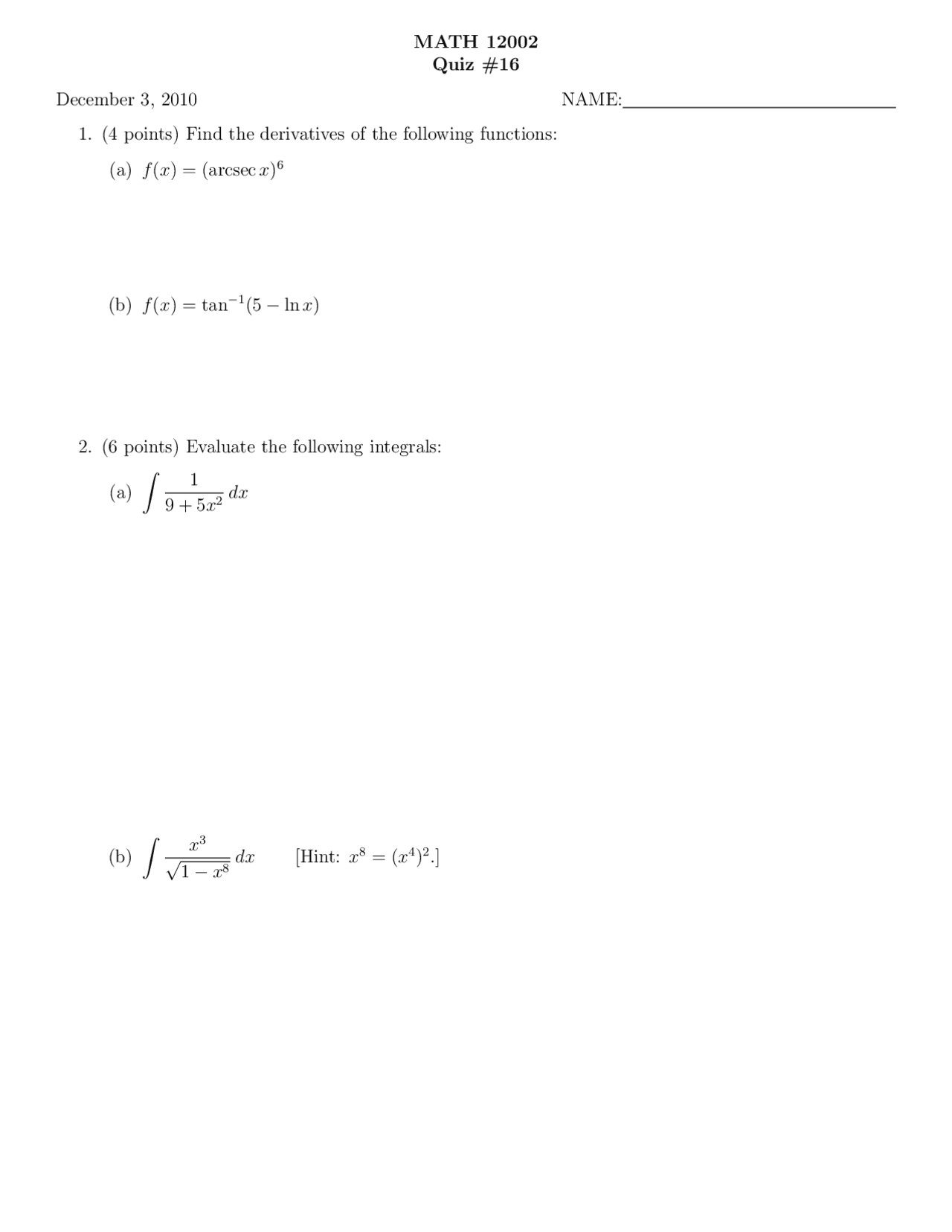 Derivatives Fonctions And Integrals Quiz 16 Math 12002 Docsity