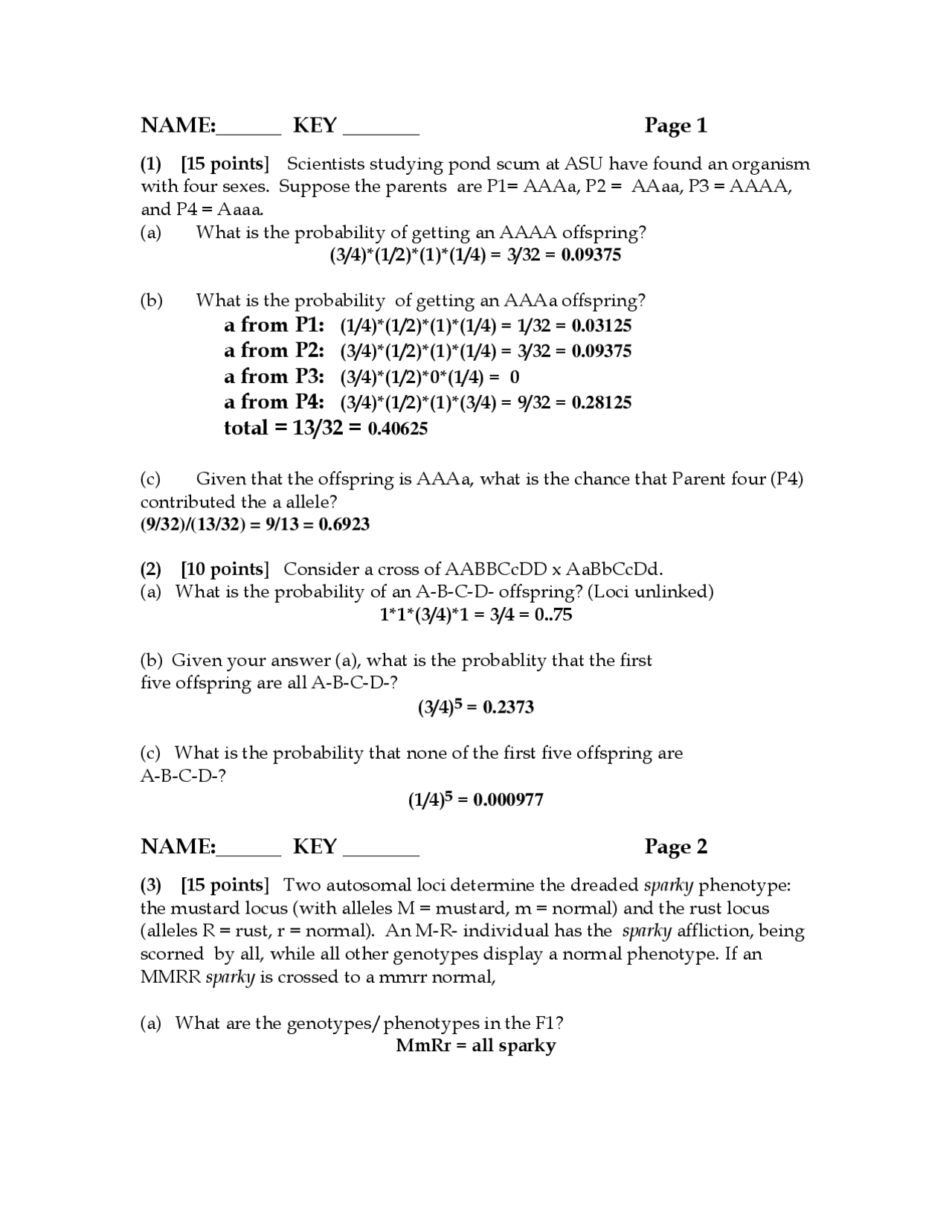 Genetics Exam Collection with Answer Key | ECOL 320 | Exams Genetics ...