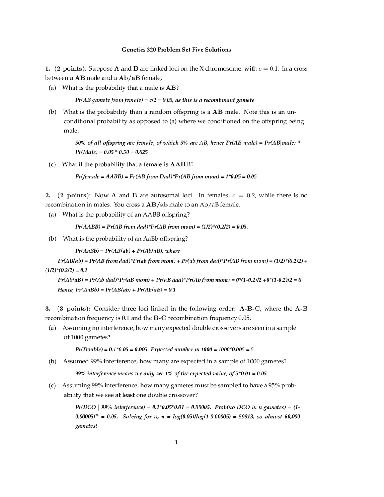 Genetics Problem Set Five Solutions 4 Questions Ecol 320 Exercises