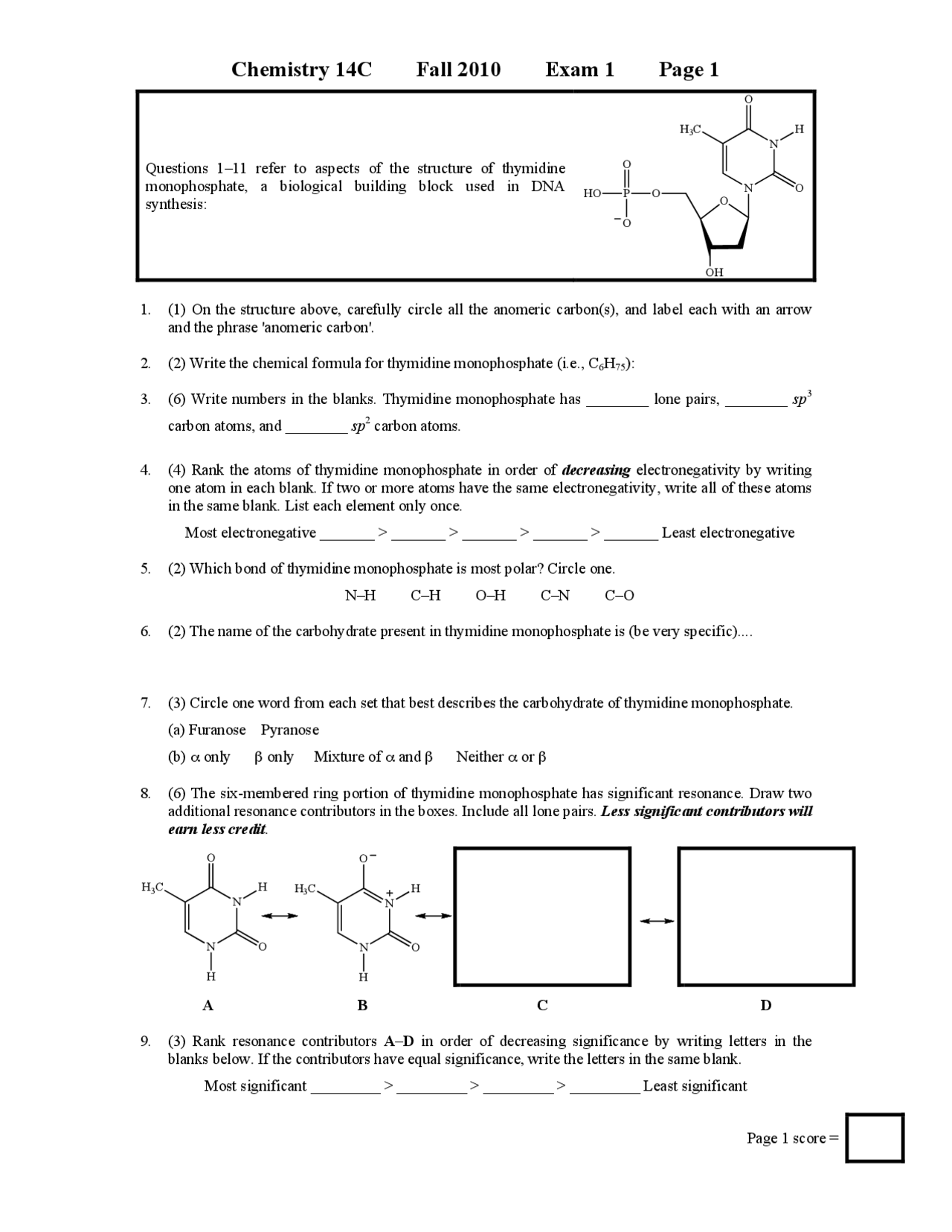 Organic Chemistry Exam 1: 28 Questions to Solve | CHEM 14C - Docsity