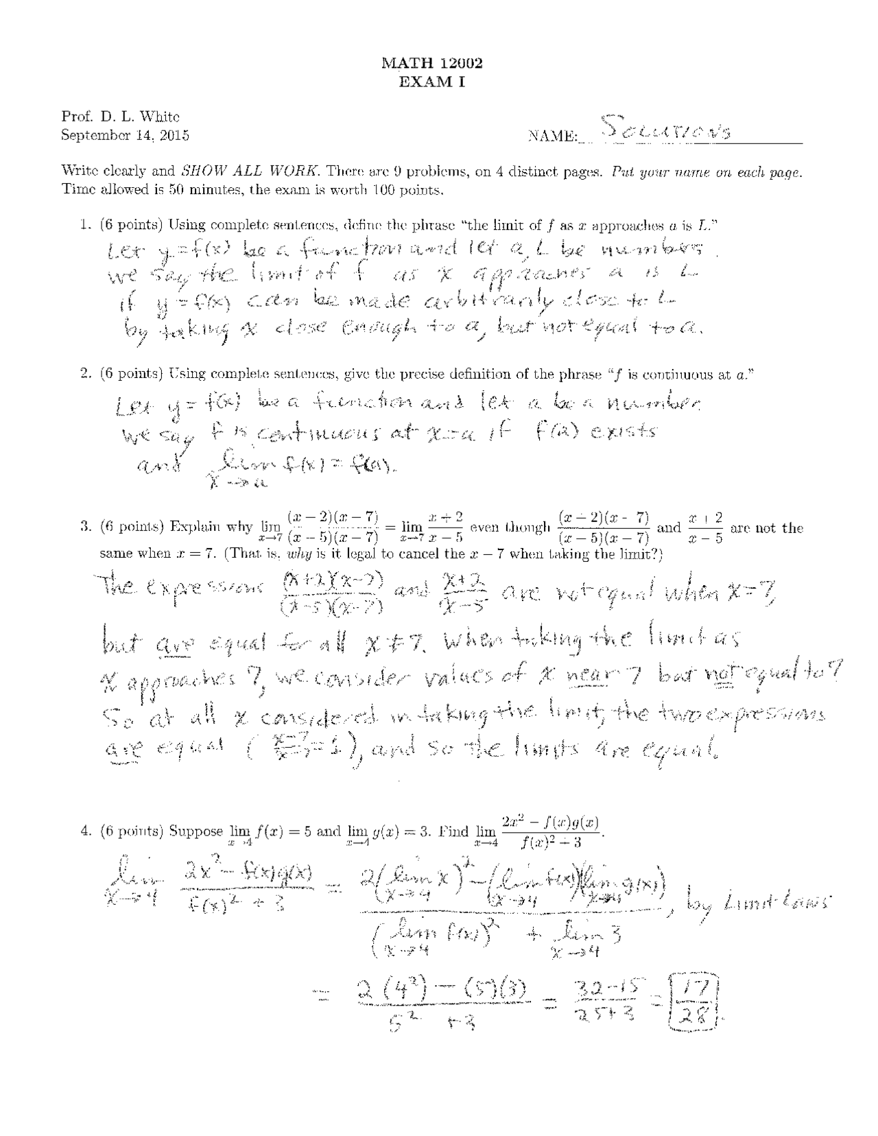 Limits And Fonctions Exam 1 9 Practice Problems With Solutions Math