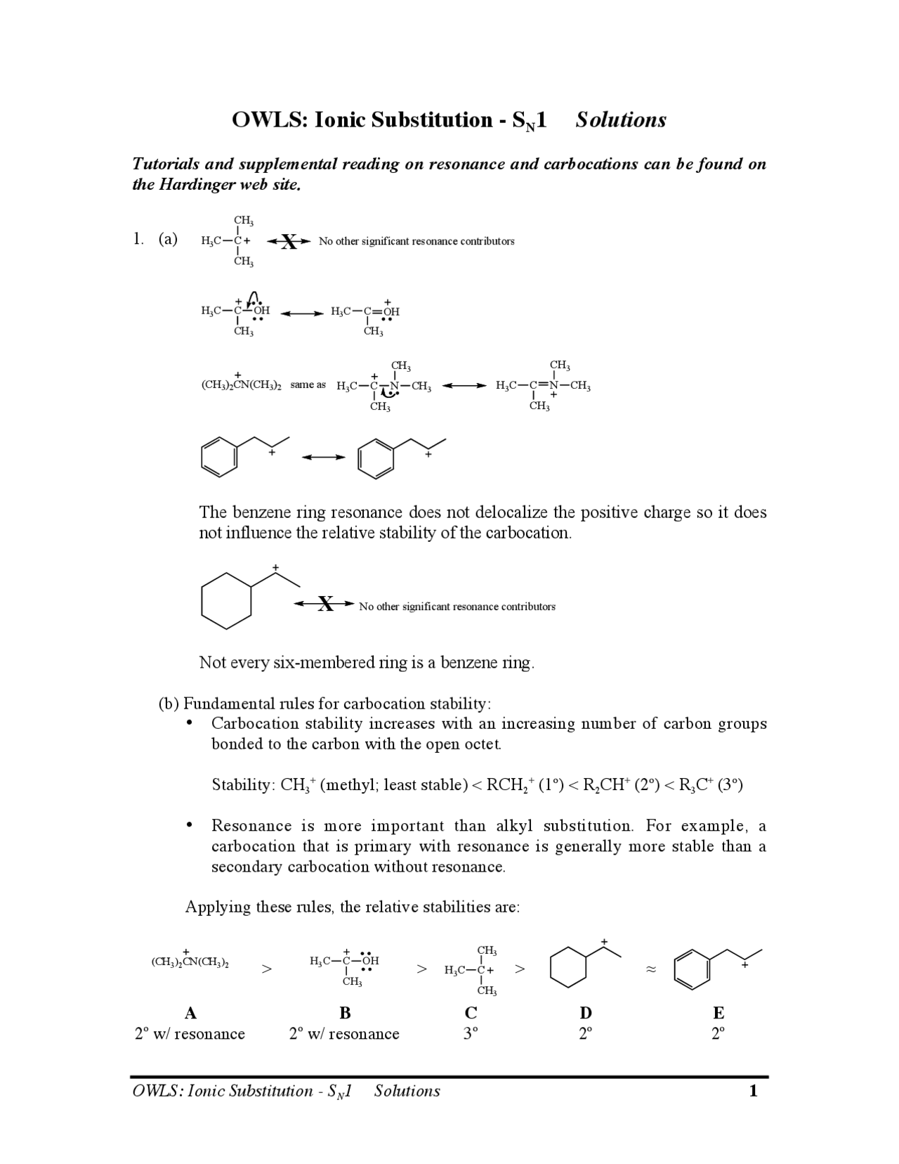 OWLS: Ionic Substitution - SN1 Solutions | CHEM 14D - Docsity