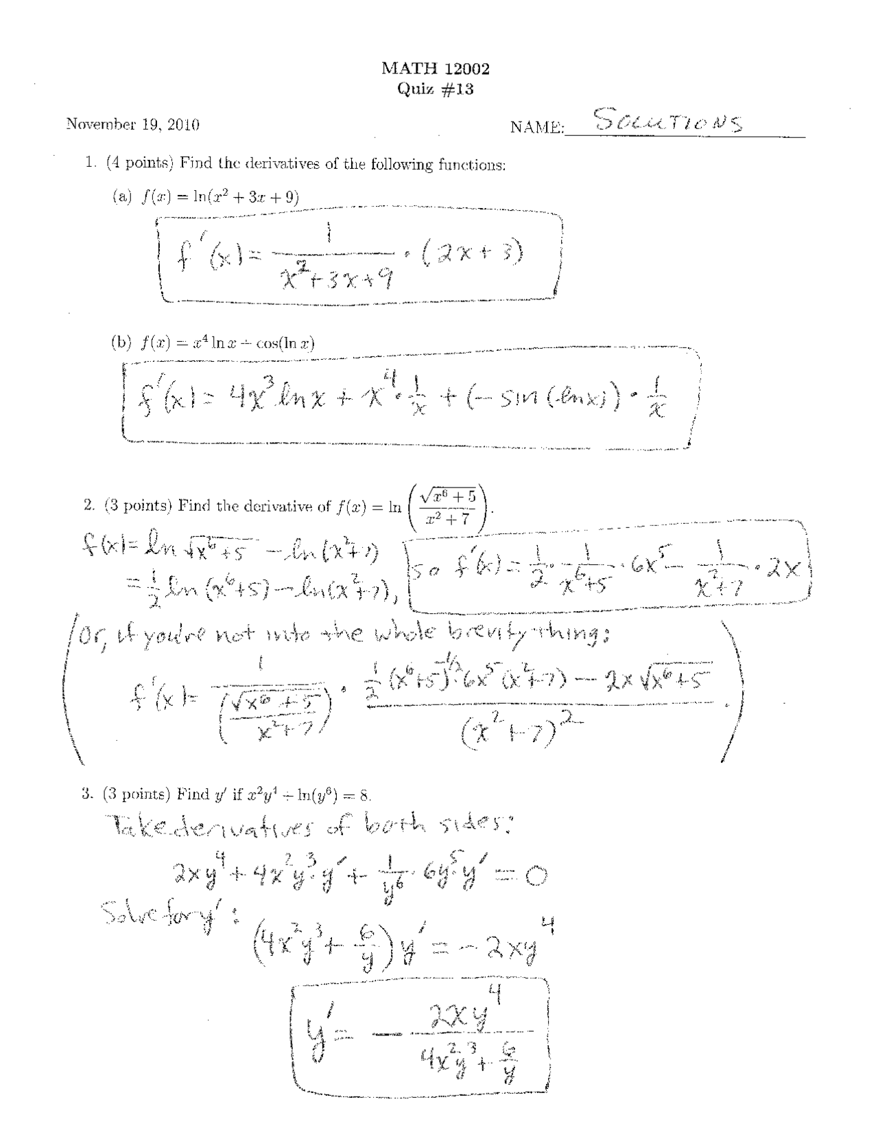 Quiz 13 On Derivatives Three Questions With Solutions Math 12002