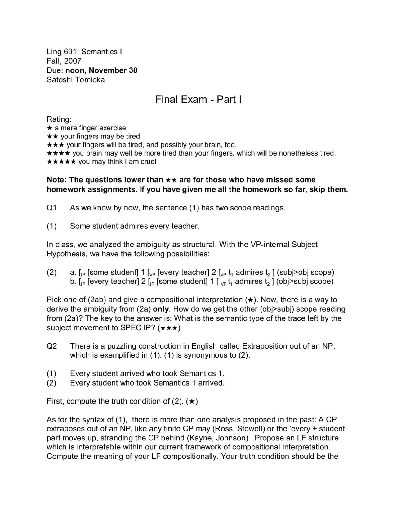 Semantics I Final Exam Part I Ling 691 Exams Linguistics Docsity