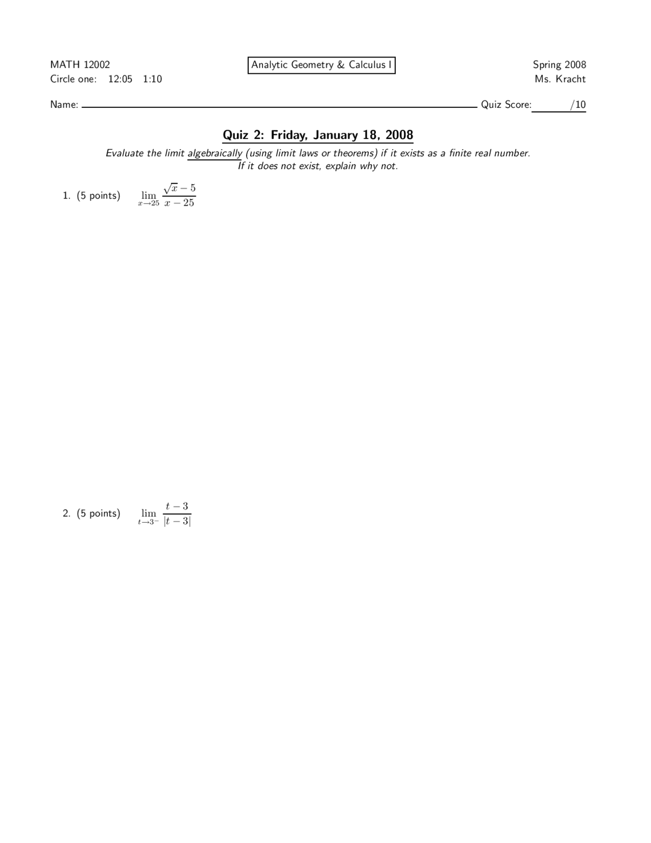 Analytic Geometry And Calculus I Quiz 2 With 2 Problems Math 12002 Docsity