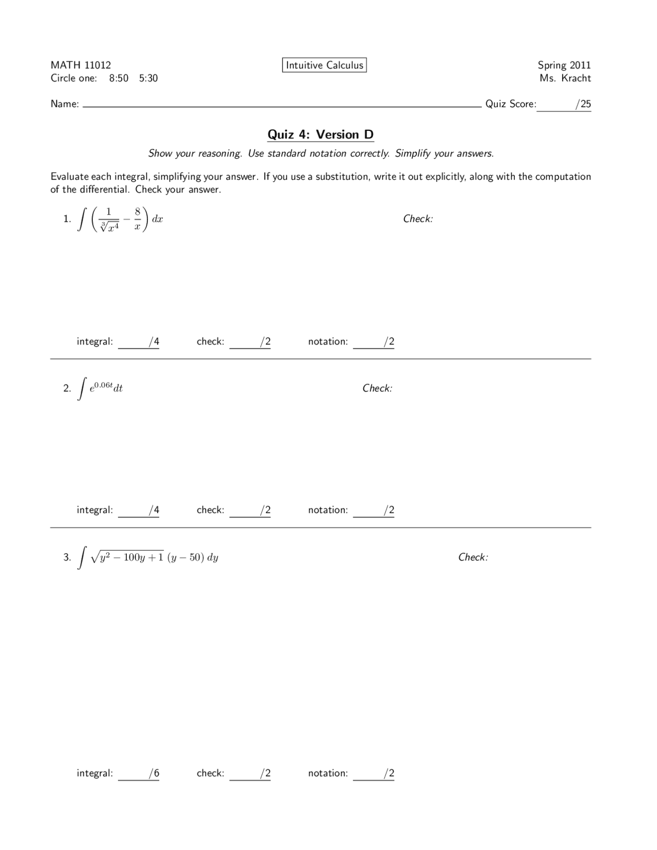 Solutions To Intuitive Calculus Quiz 4 Version D Math 11012 Docsity