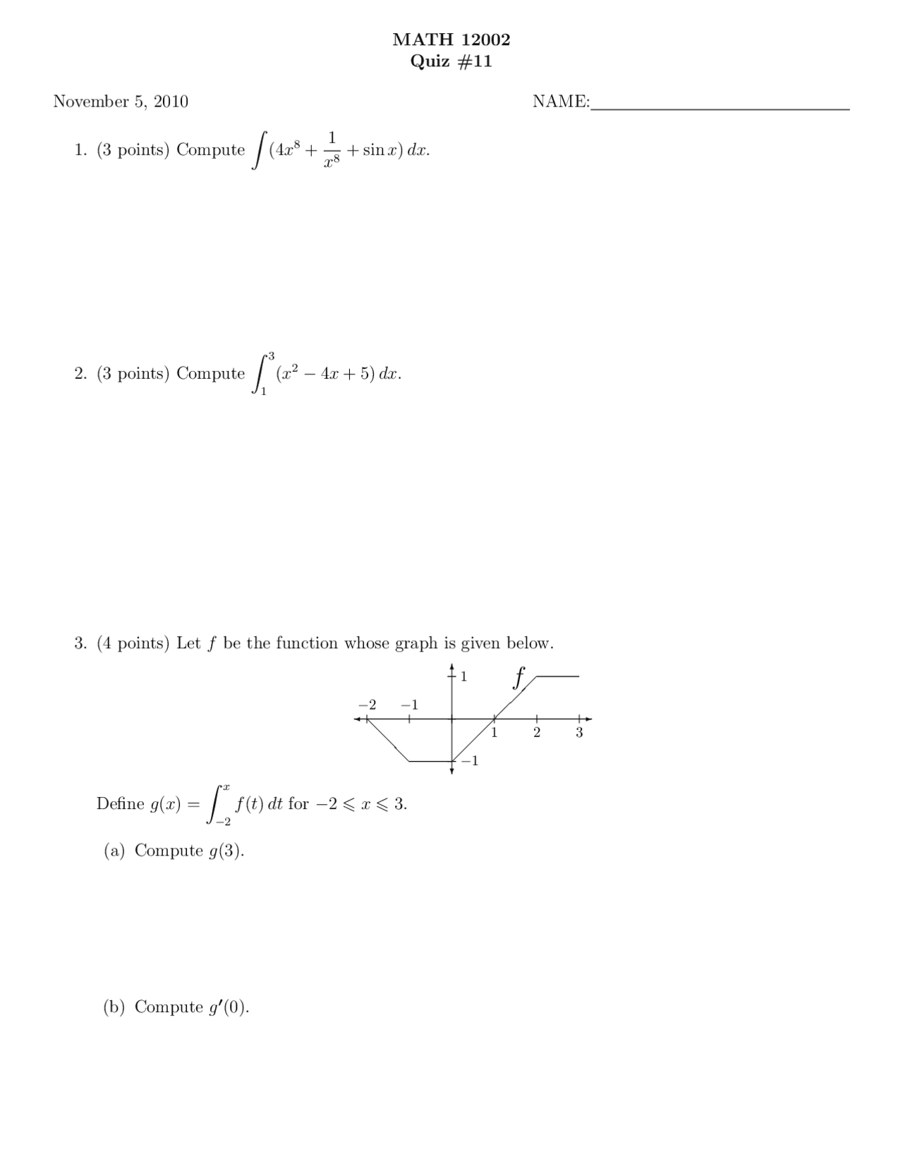 Fonctions Quiz 11 Three Questions Math 12002 Docsity