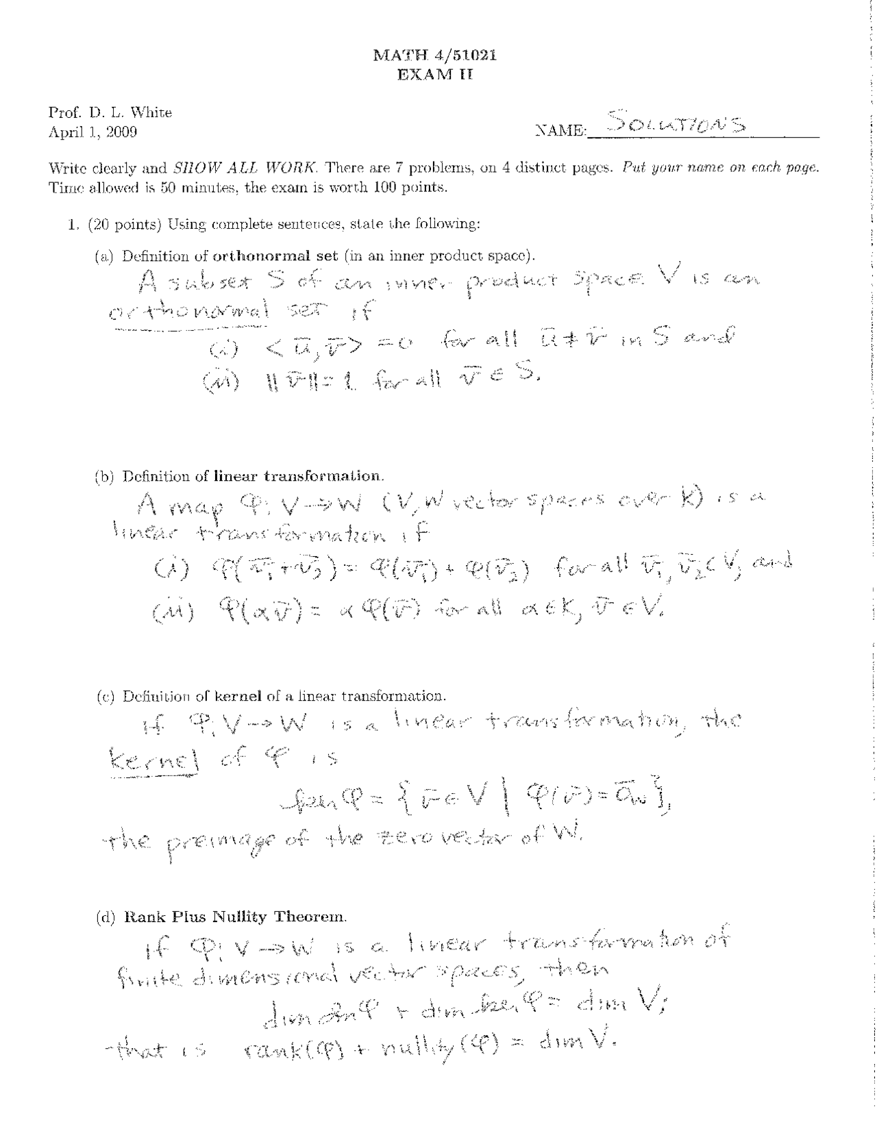 Solutions To Linear Algebra Exam 2 Definitions And Problems Math