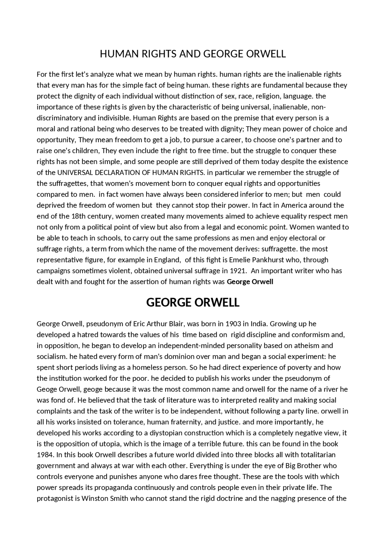 Human Rights And George Orwell Riassunto Docsity