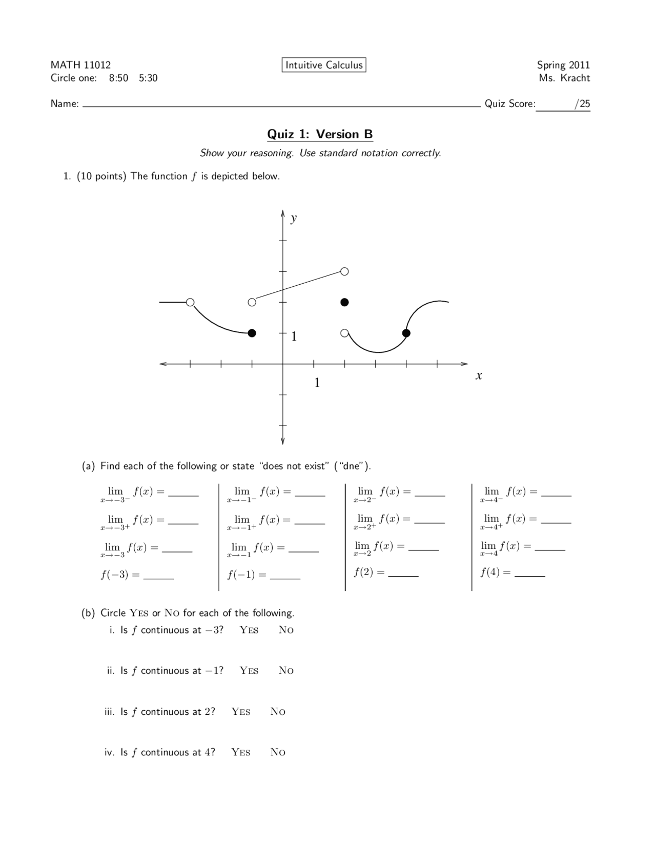 Intuitive Calculus Quiz 1 Version B With Answers Math 11012 Docsity