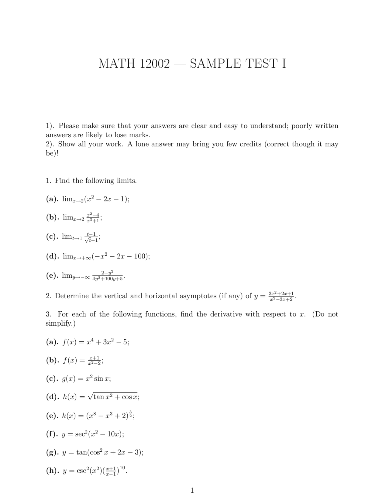 Limits And Fonctions Sample Test 1 6 Questions To Solve Math 12002