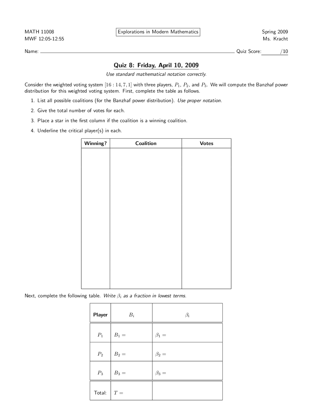 Explorations In Modern Mathematics Quiz 8 Math 11008 Docsity