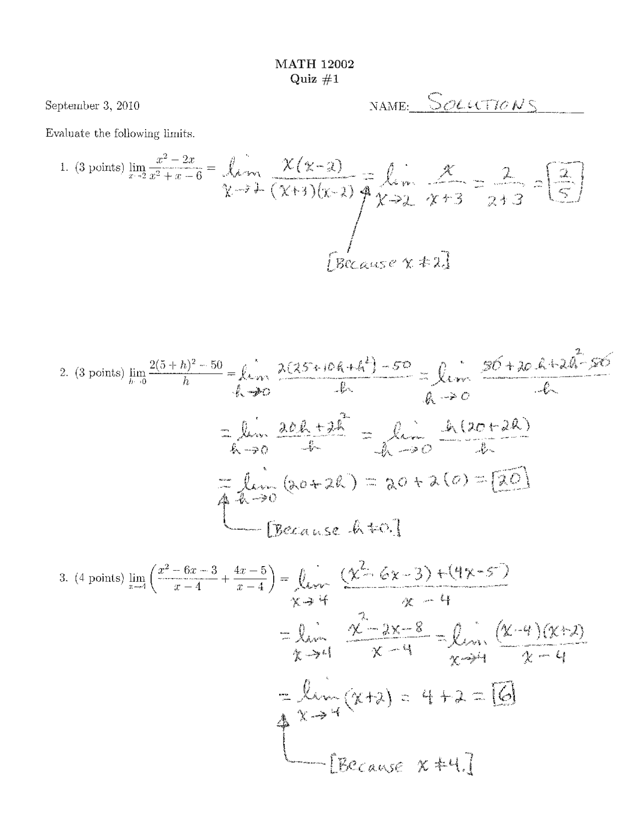 Solutions To Limits Quiz 1 Three Exercises Math 12002 Docsity
