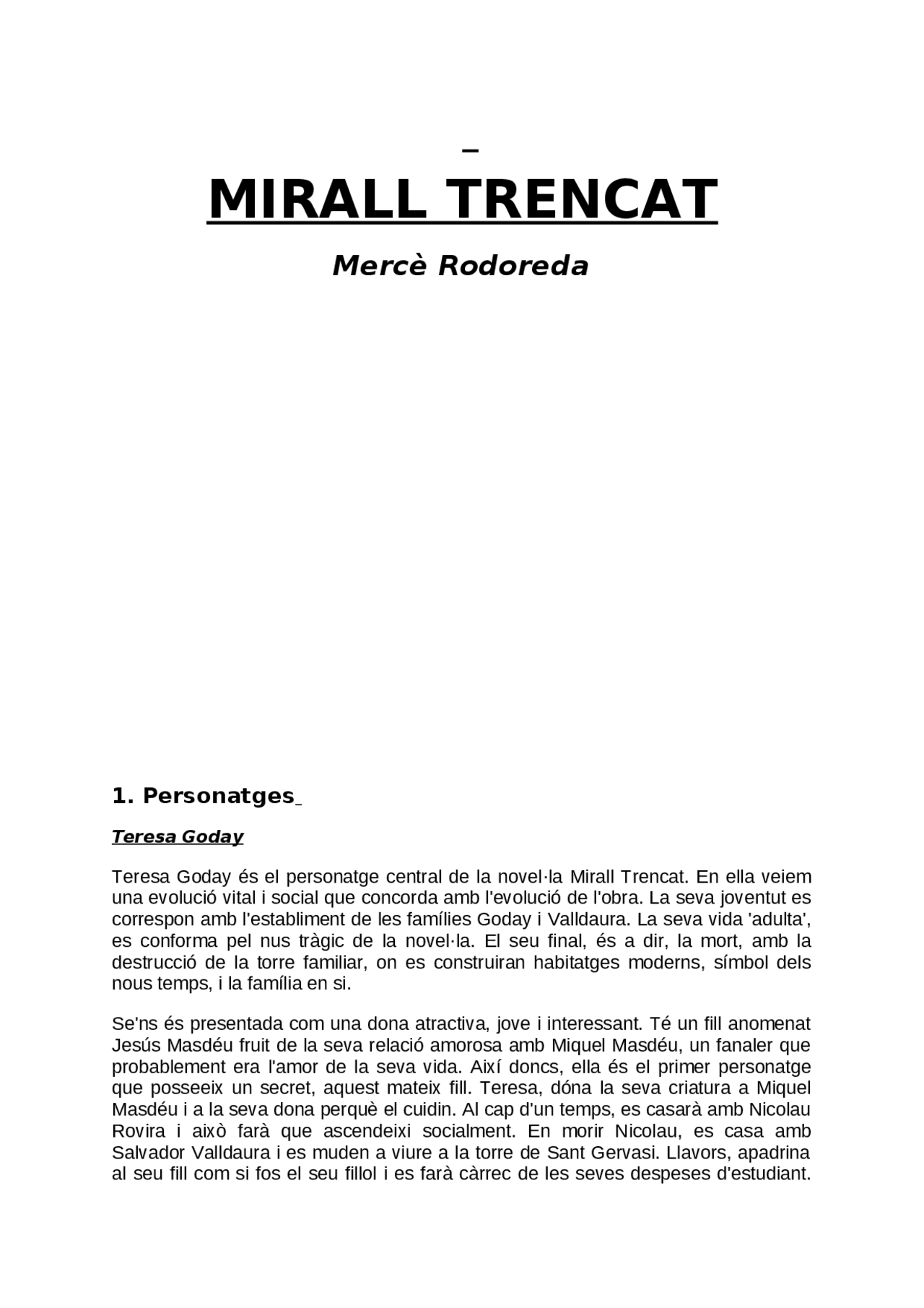 Resum De Mirall Trencat Resúmenes De Catalán Docsity