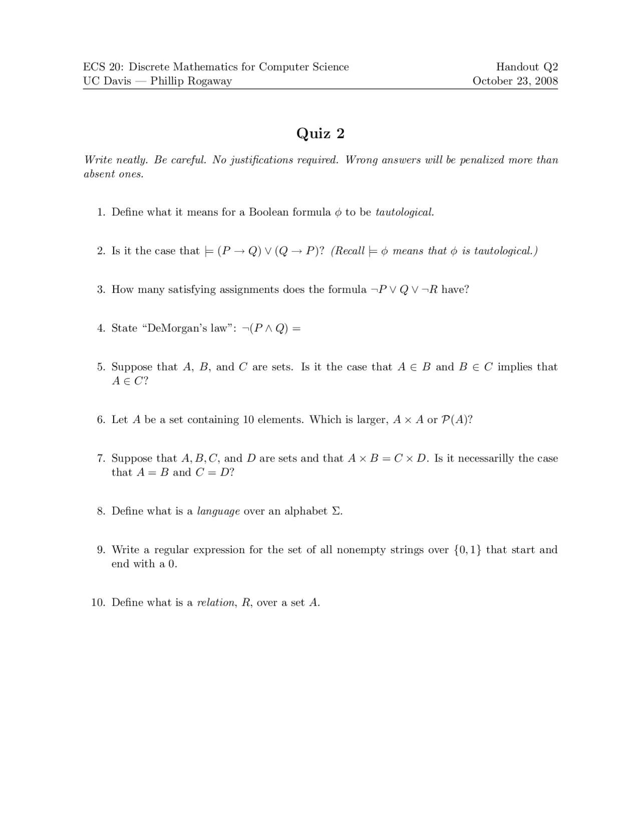 Discrete Mathematics For Computer Science Quiz 2 10 Questions Ecs