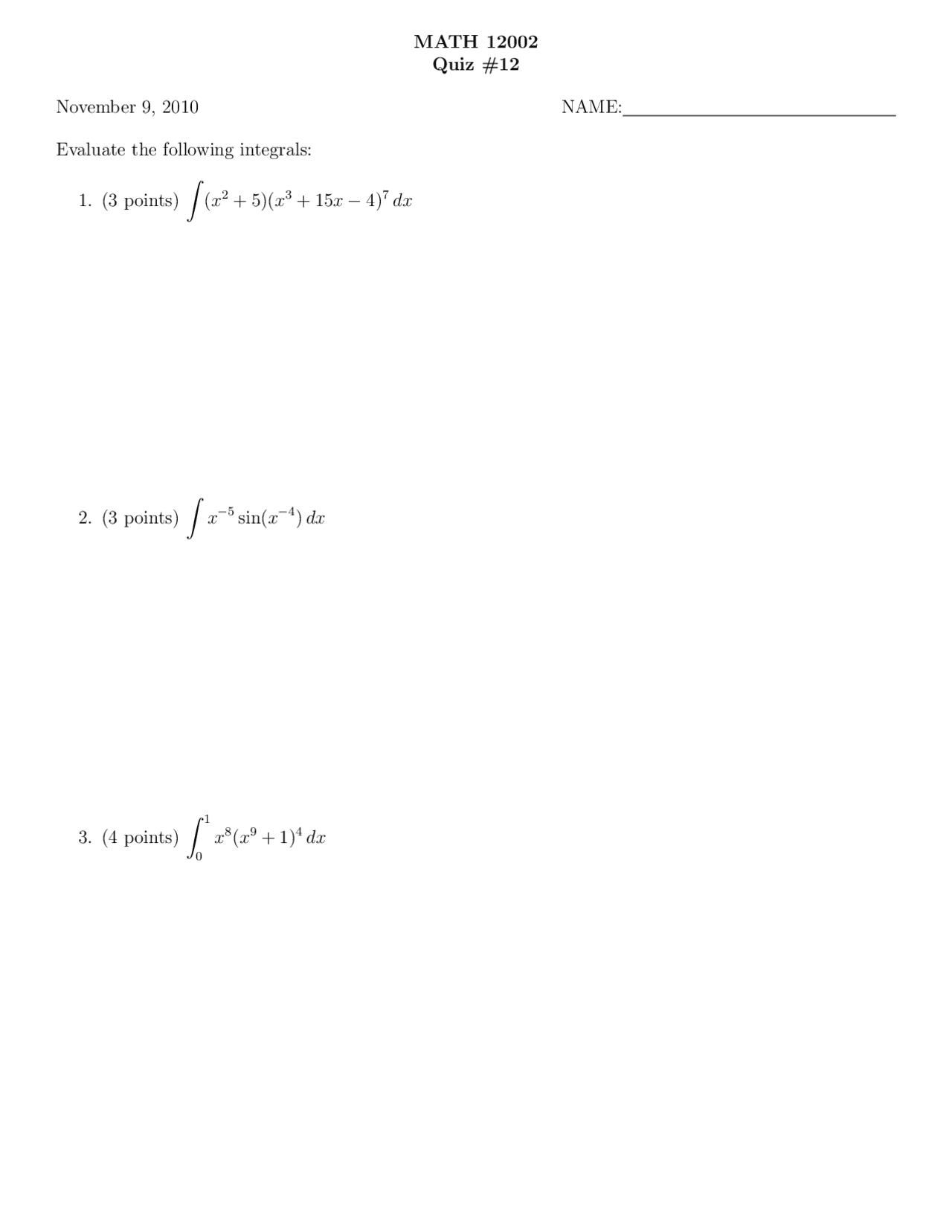 Integrals Quiz 12 Worksheet With Three Questions Math 12002 Docsity