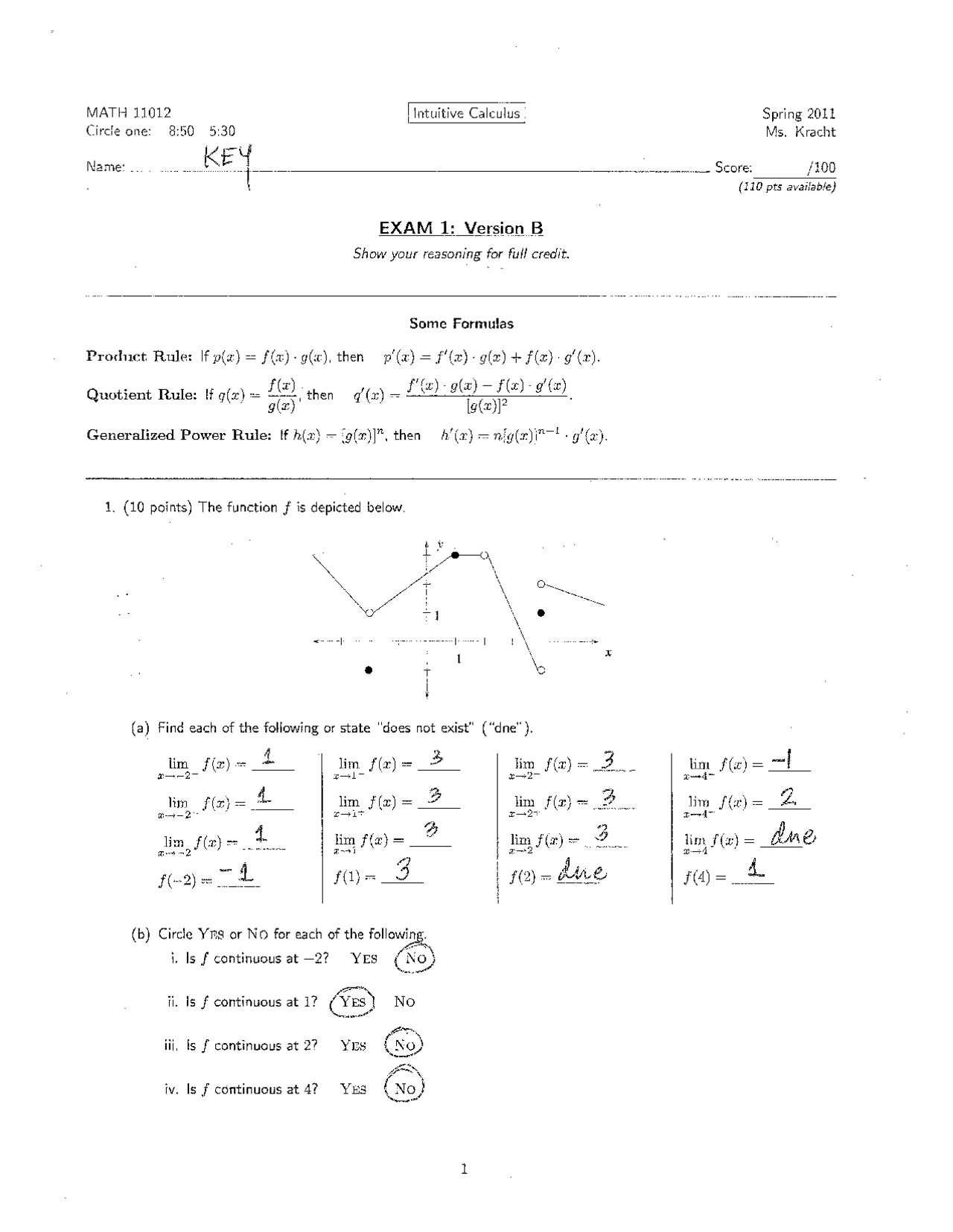 Solutions to Intuitive Calculus Exam 1 Version B | MATH 11012 - Docsity