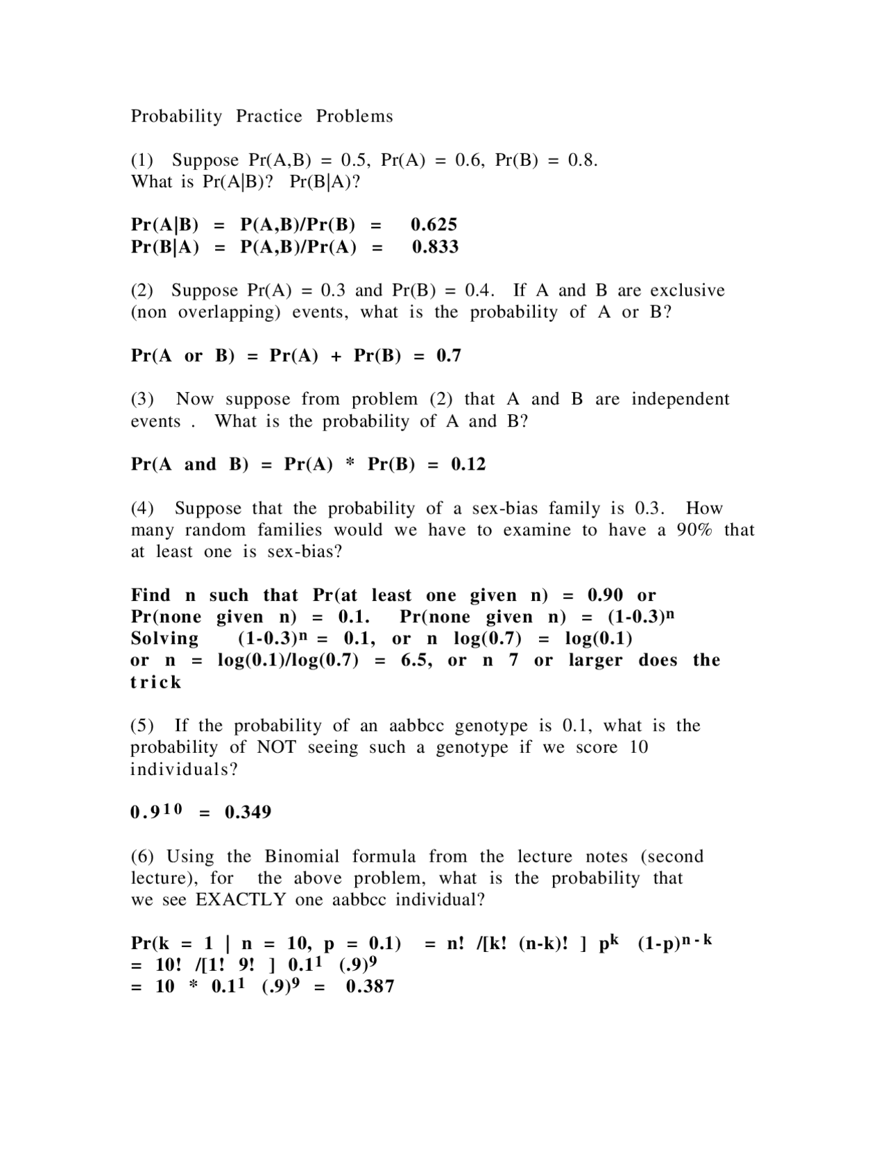 Genetics Probability Practice Problems with Solutions | ECOL 320 - Docsity
