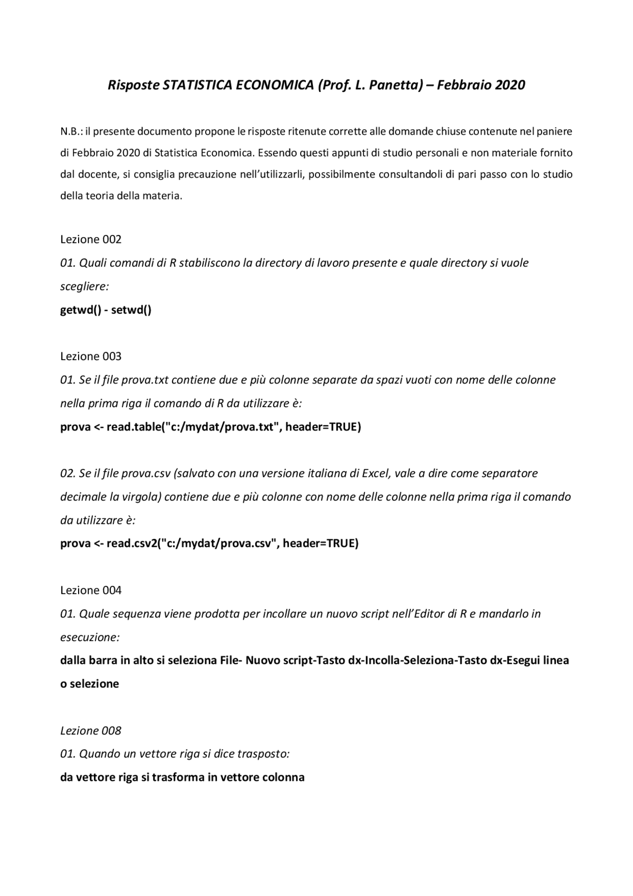 Risposte Statistica Economica (Master I livello A46 - eCampus) | Panieri di Statistica Economica ...