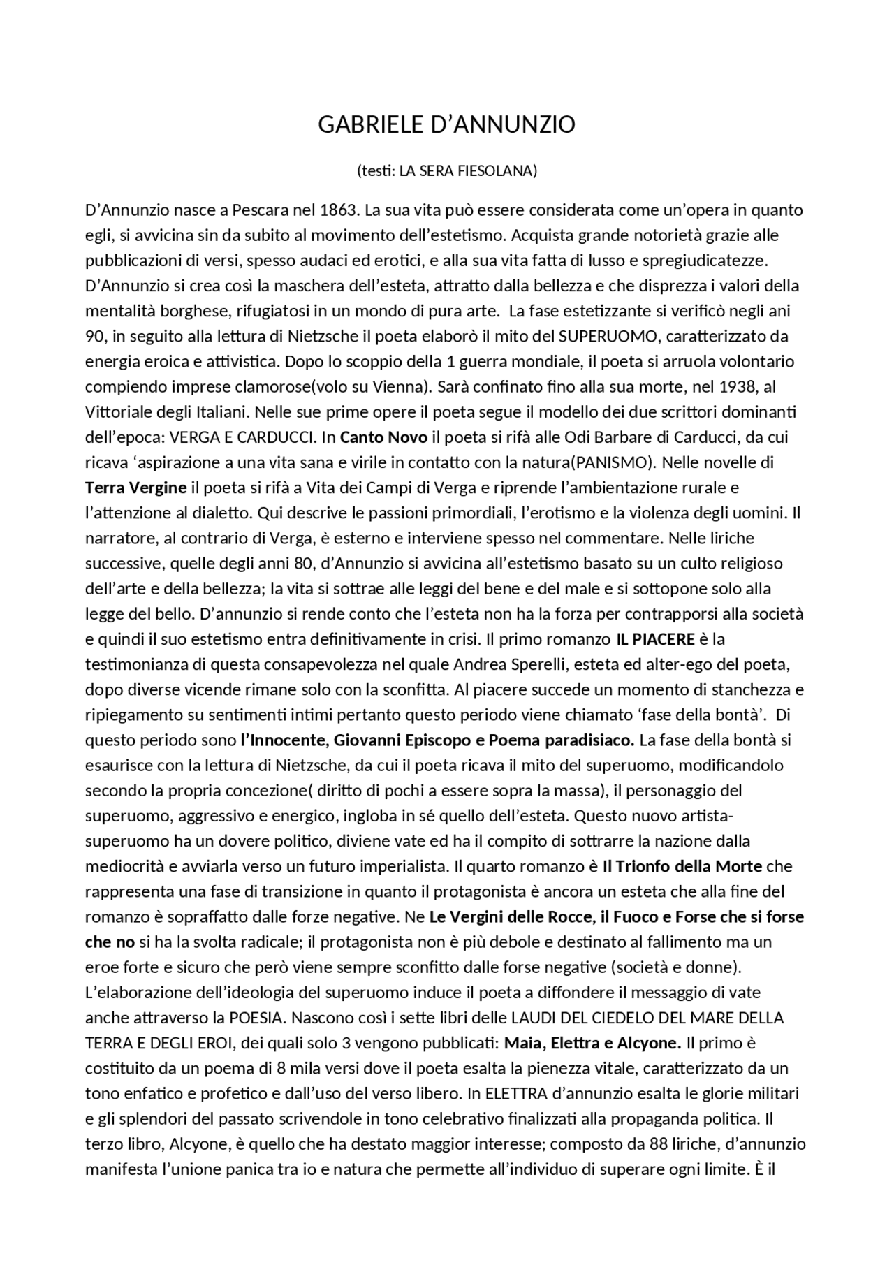 Gabriele Dannunzio Riassunto Docsity
