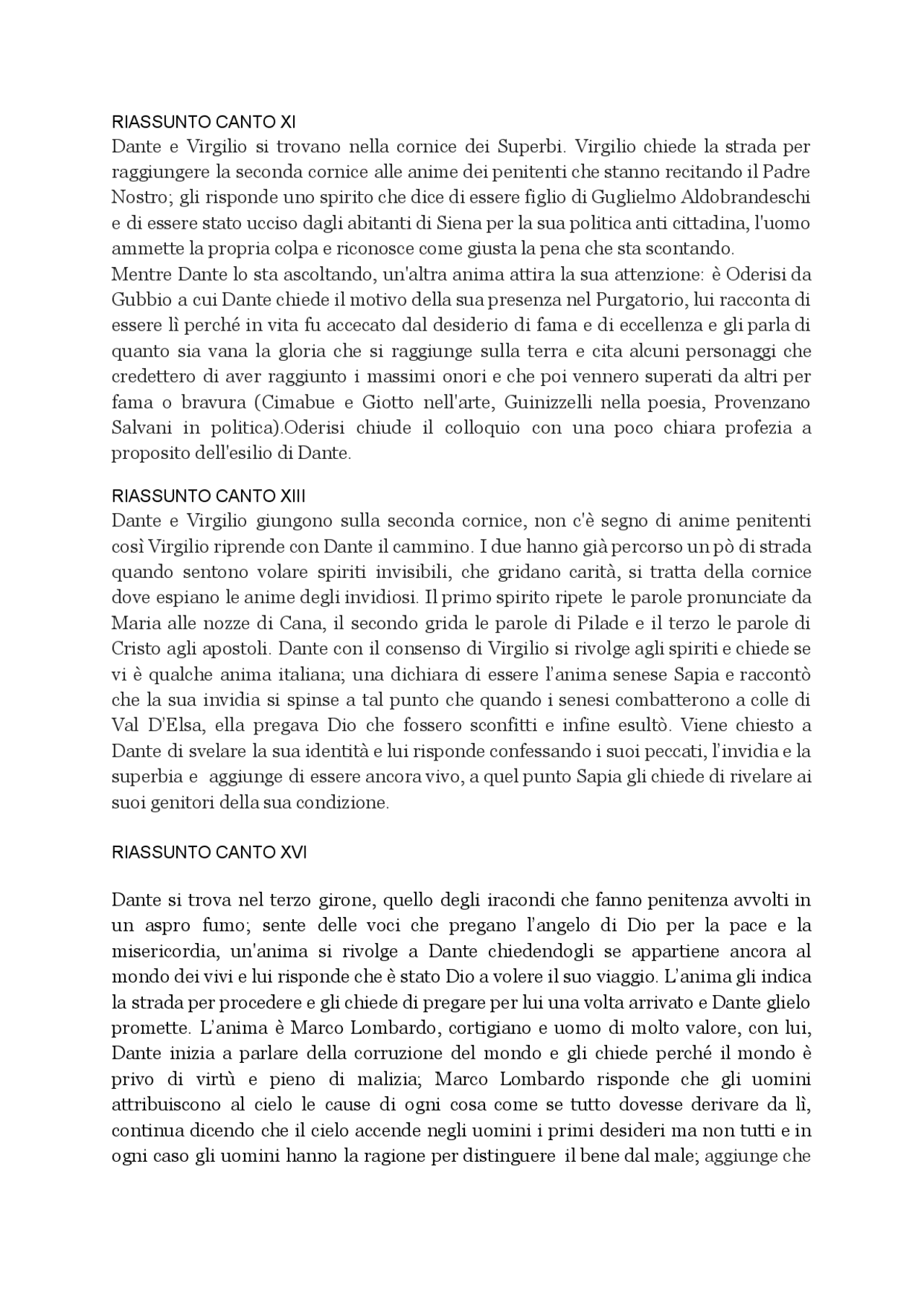 Riassunto Canto Xi Xiii Xvi Purgatorio Docsity