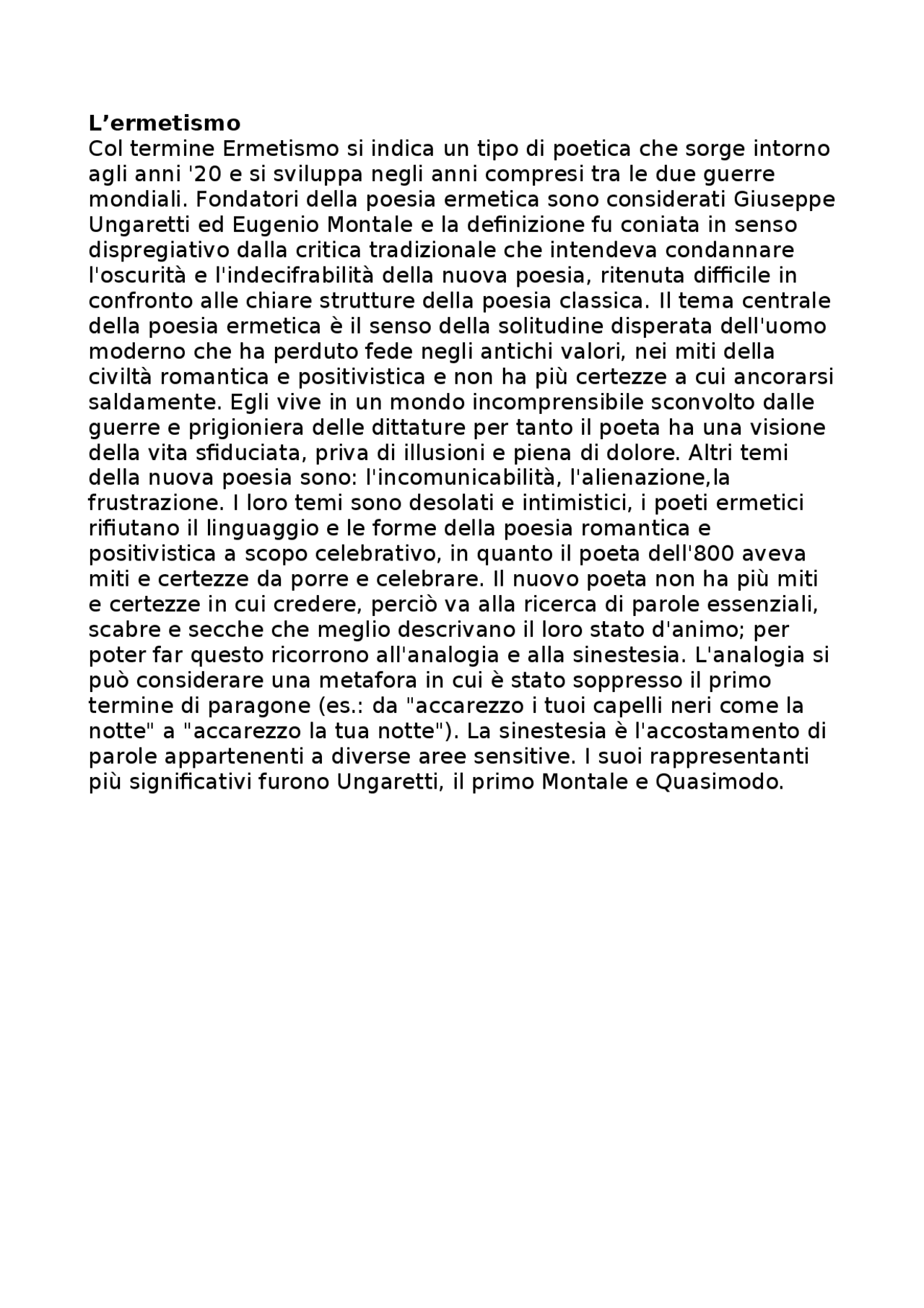 Movimento Ermetismo Riassunto Docsity
