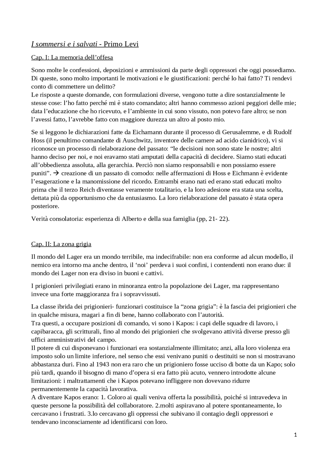 Riassunto I Sommersi e i salvati di Primo Levi | Sintesi del corso di ...