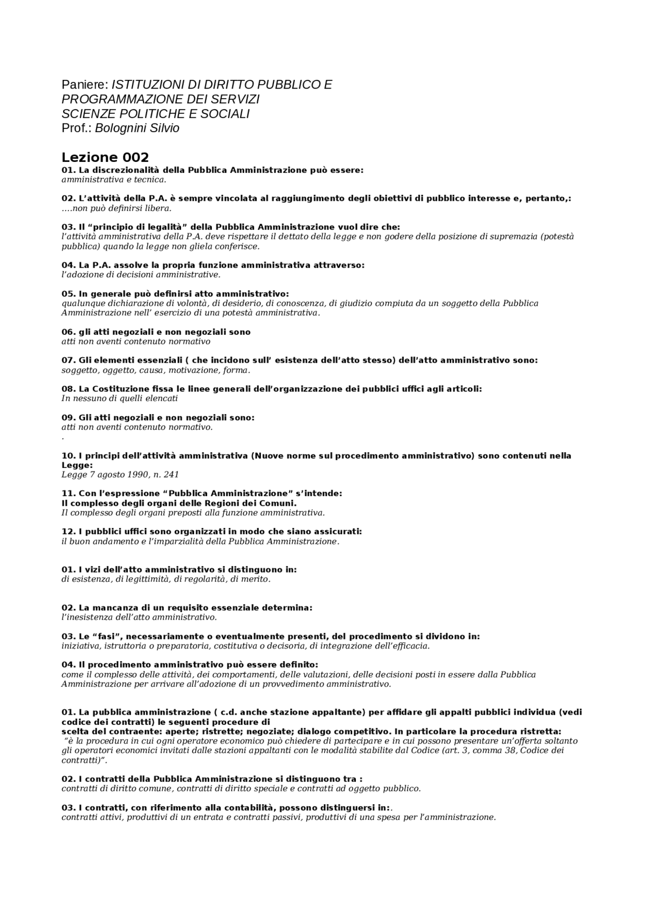 Paniere Istituzione di diritto pubblico e programmazione dei servizi - Domande chiuse - Prof ...