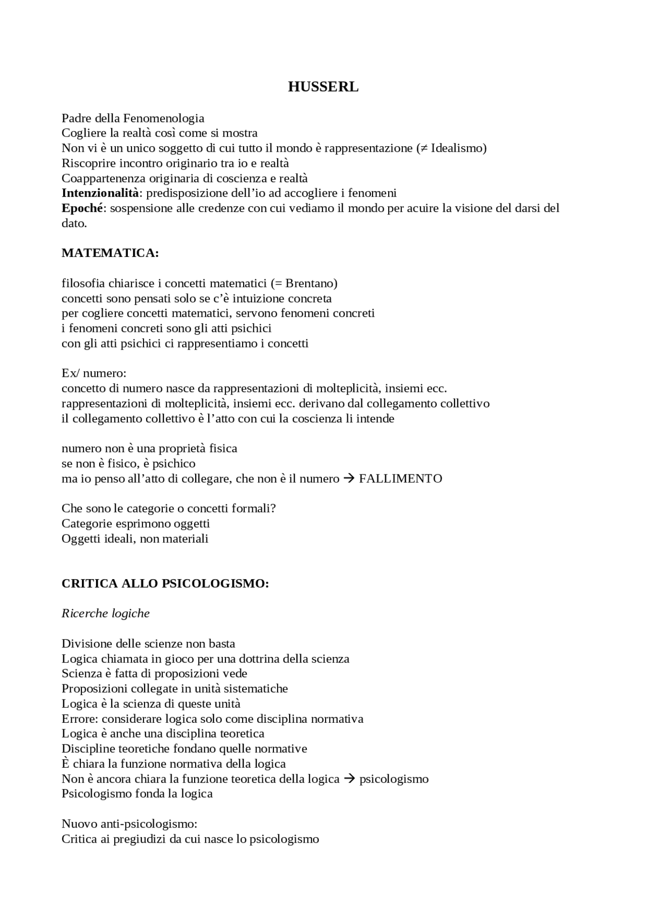 Husserl Riassunto Parziale Dal Manuale Docsity