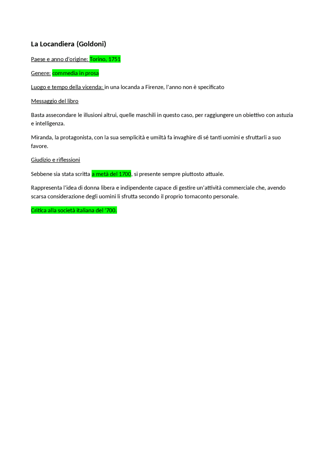 Riassunto Dellopera La Locandiera Goldoni Docsity