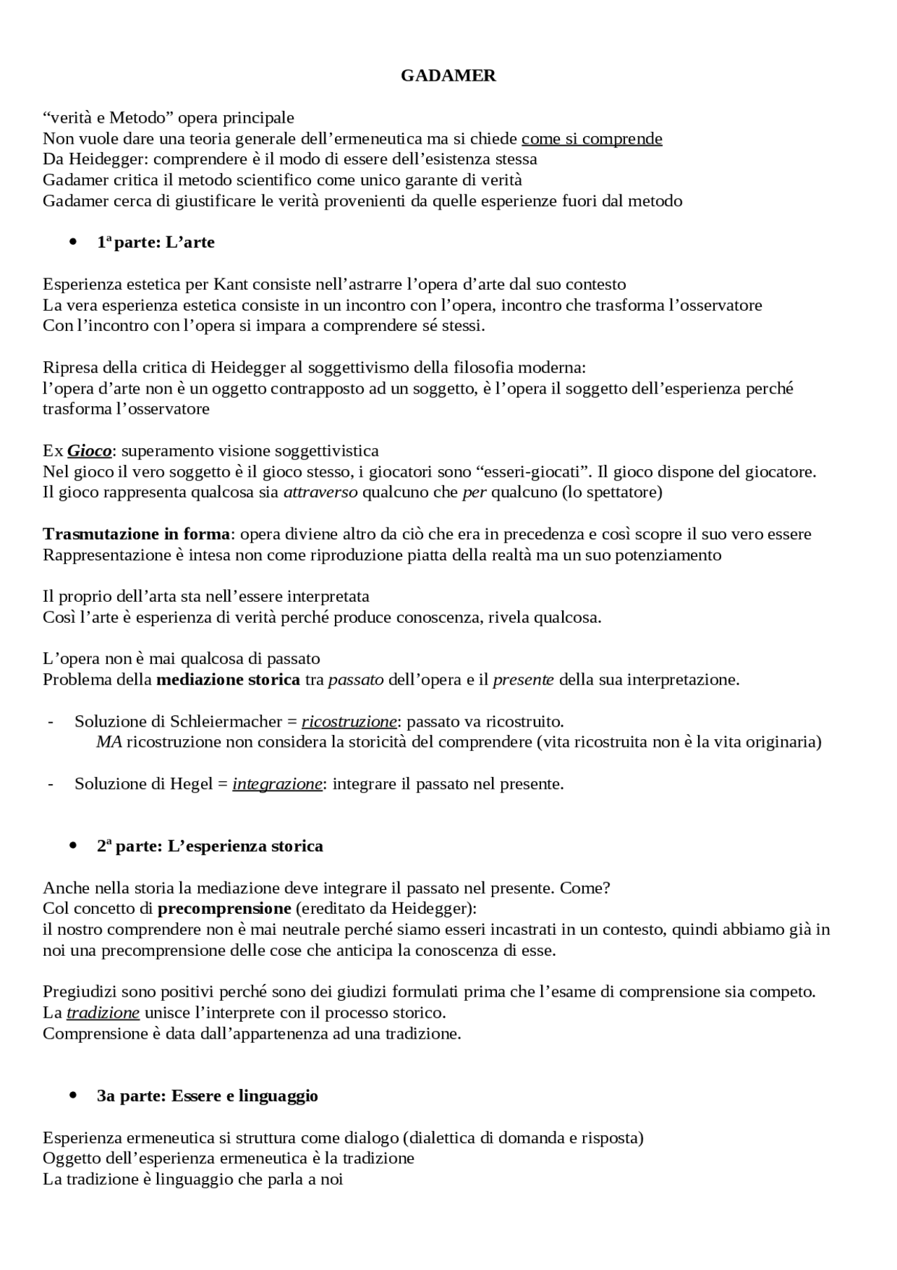 Gadamer Riassunto Dal Manuale Appunti Di Filosofia Docsity