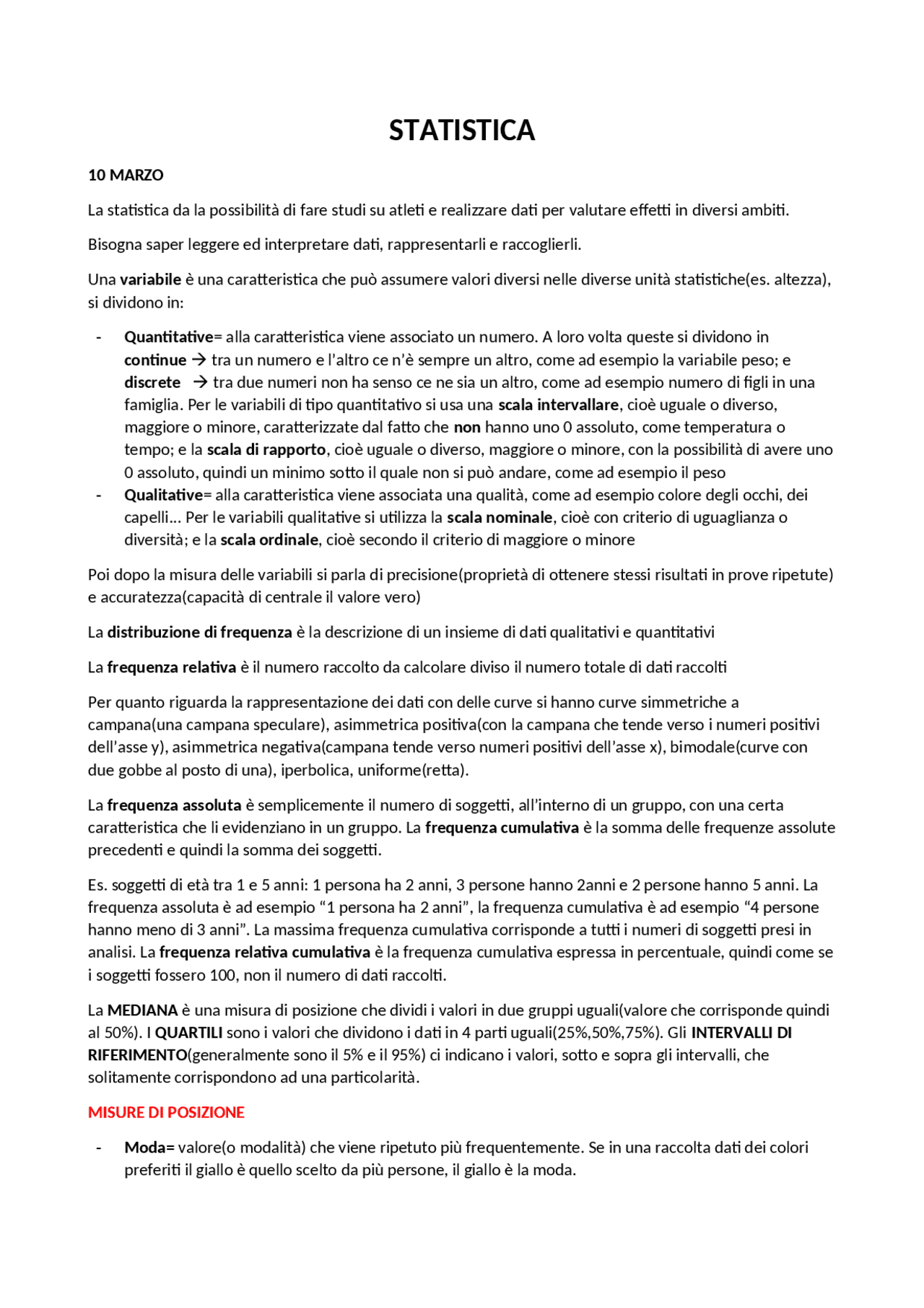 Appunti Statistica Scienze Motorie Docsity