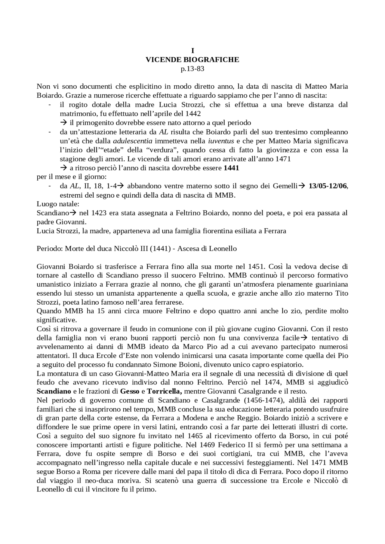 Boiardo Di Tiziano Zanato Riassunto Cap I Ii V Vii Docsity