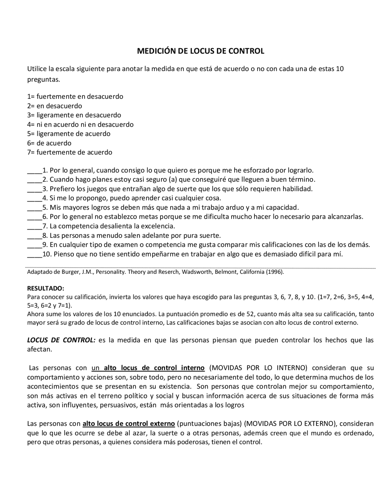 Locus de control prueba - Docsity