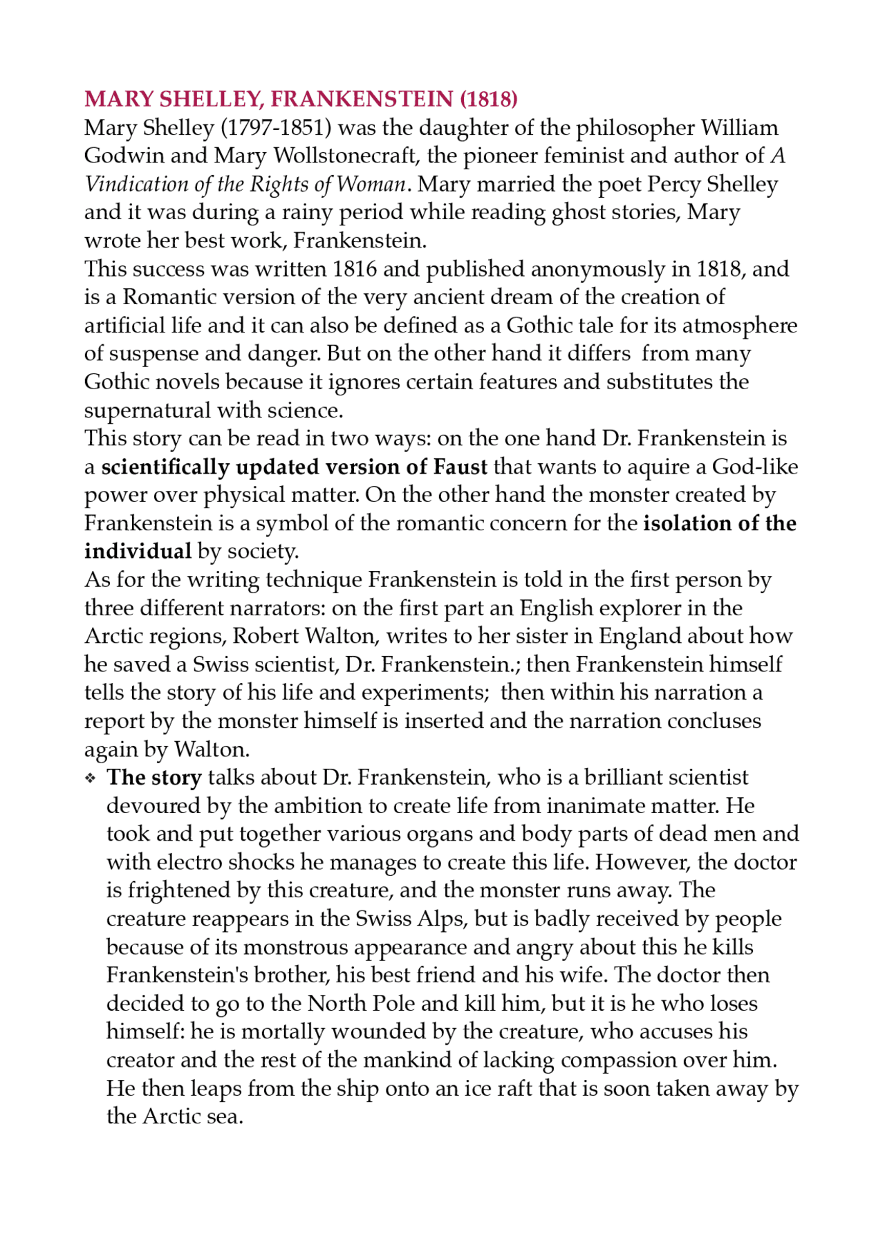 Mary Shelley, Frankenstein | Appunti di Inglese | Docsity